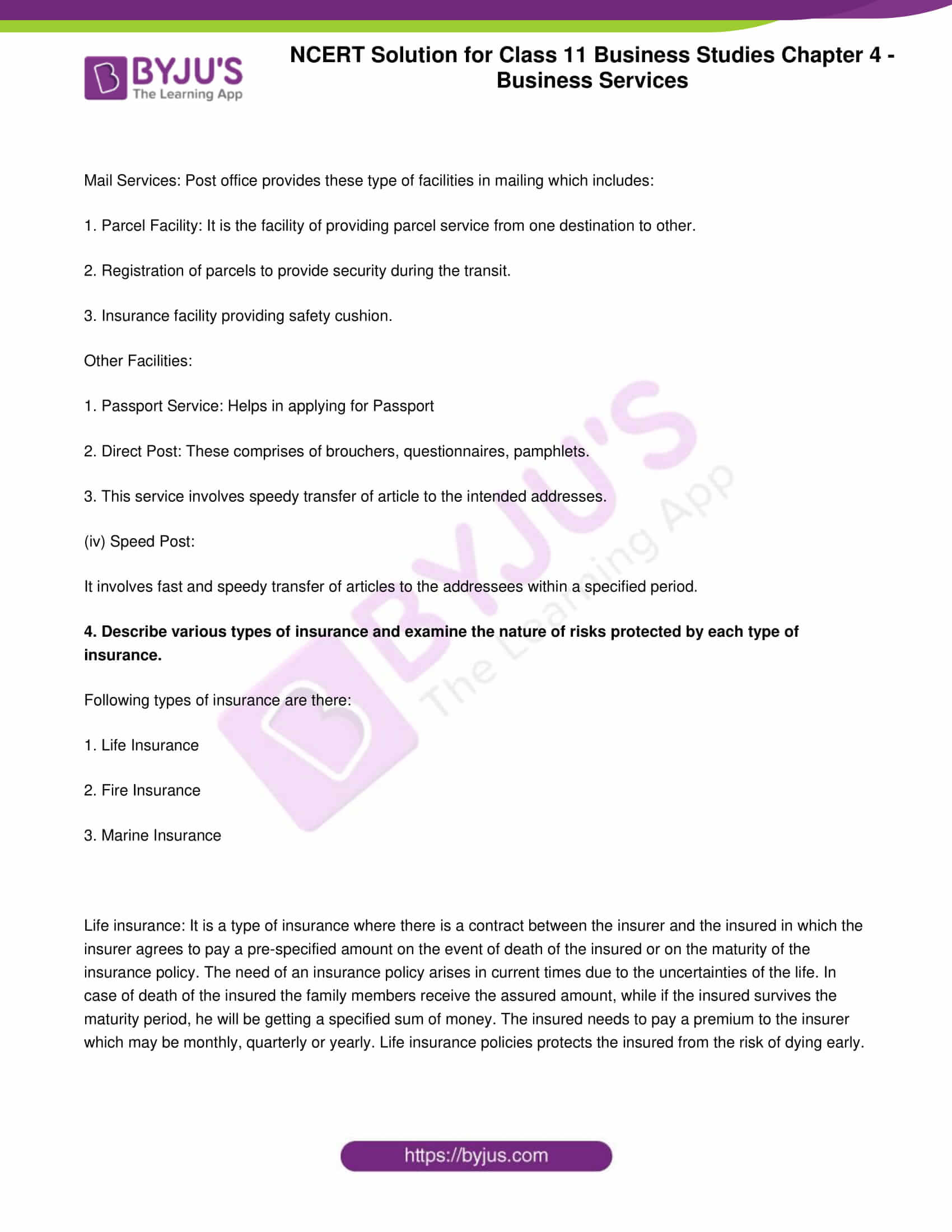 NCERT Solution For Class 11 Business Studies Chapter 4 Business Services Download Free PDF