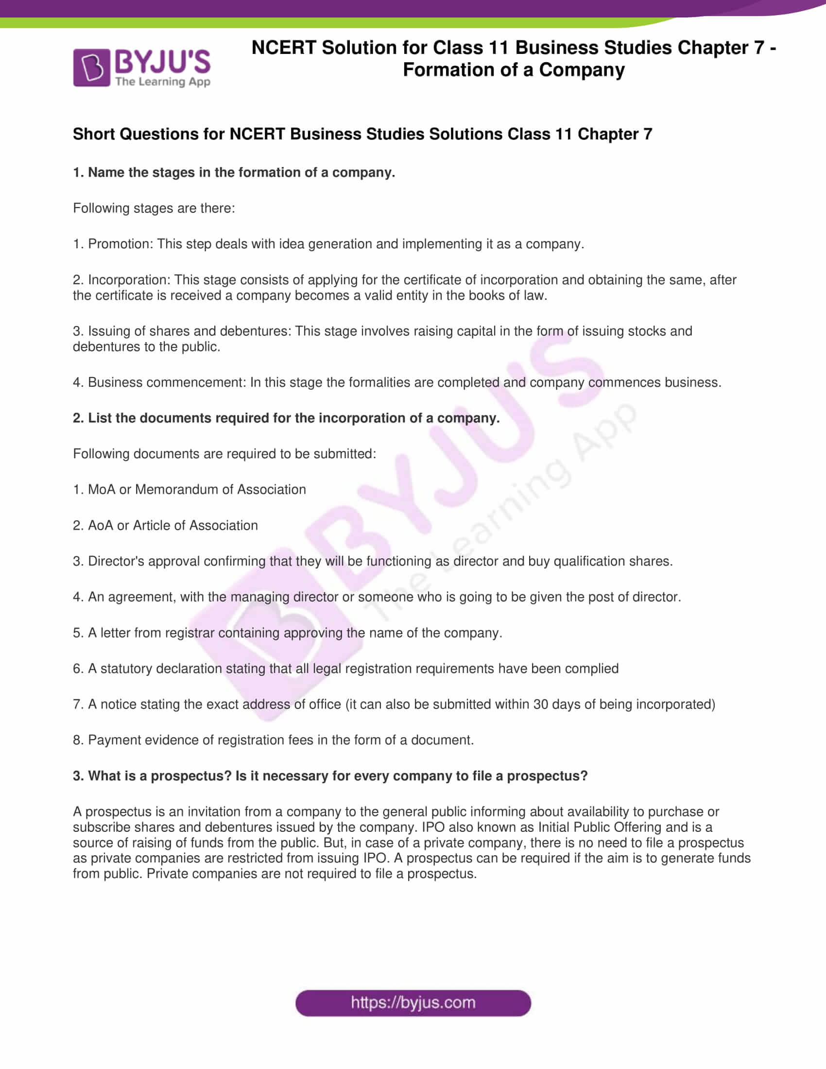 NCERT Solution For Class 11 Business Studies Chapter 7 Formation Of A ...