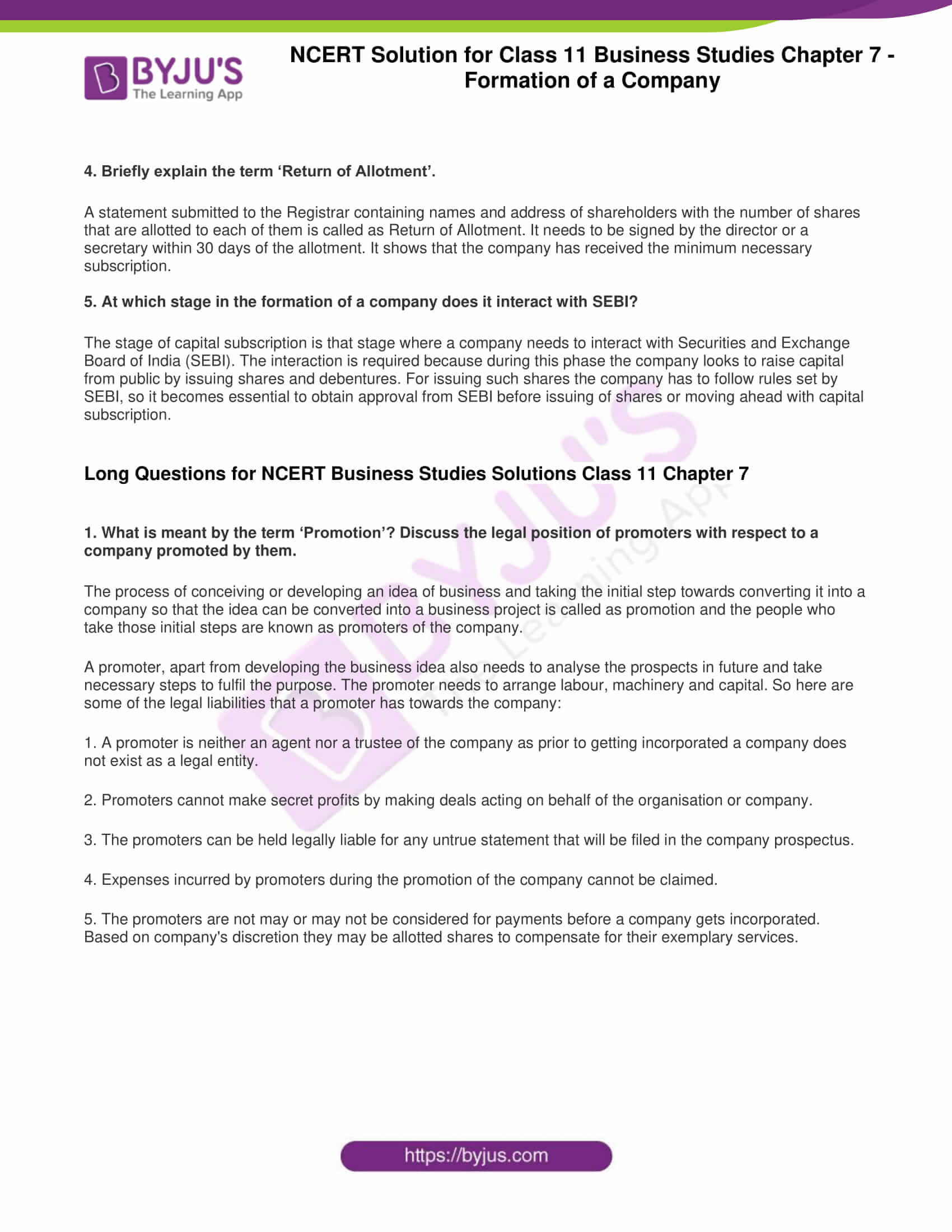 NCERT Solution For Class 11 Business Studies Chapter 7 Formation Of A ...