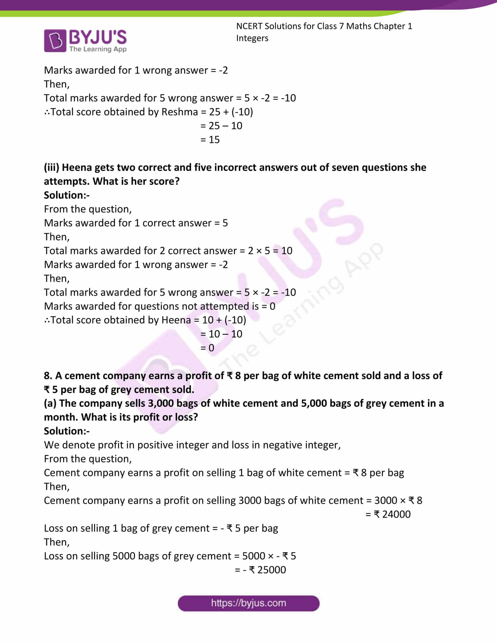 NCERT Solutions For Class 7 Maths Exercise 1 3 Chapter 1 Integers 