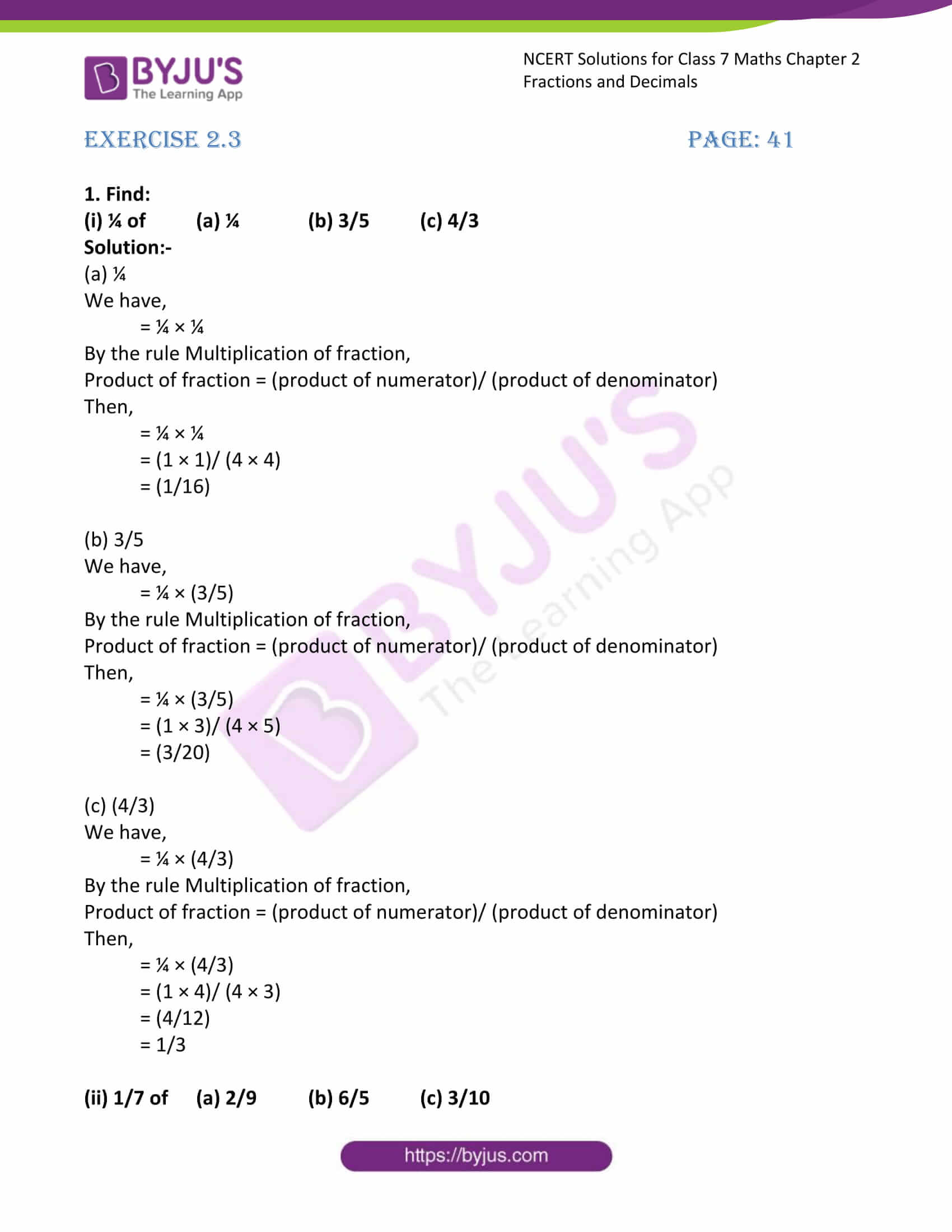 NCERT Solutions For Class 7 Maths Exercise 2 3 Chapter 2 Fractions And