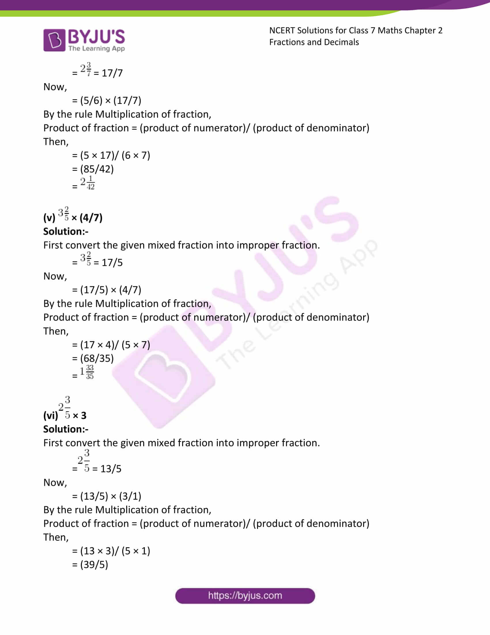 NCERT Solutions For Class 7 Maths Chapter 2 Fractions And Decimals