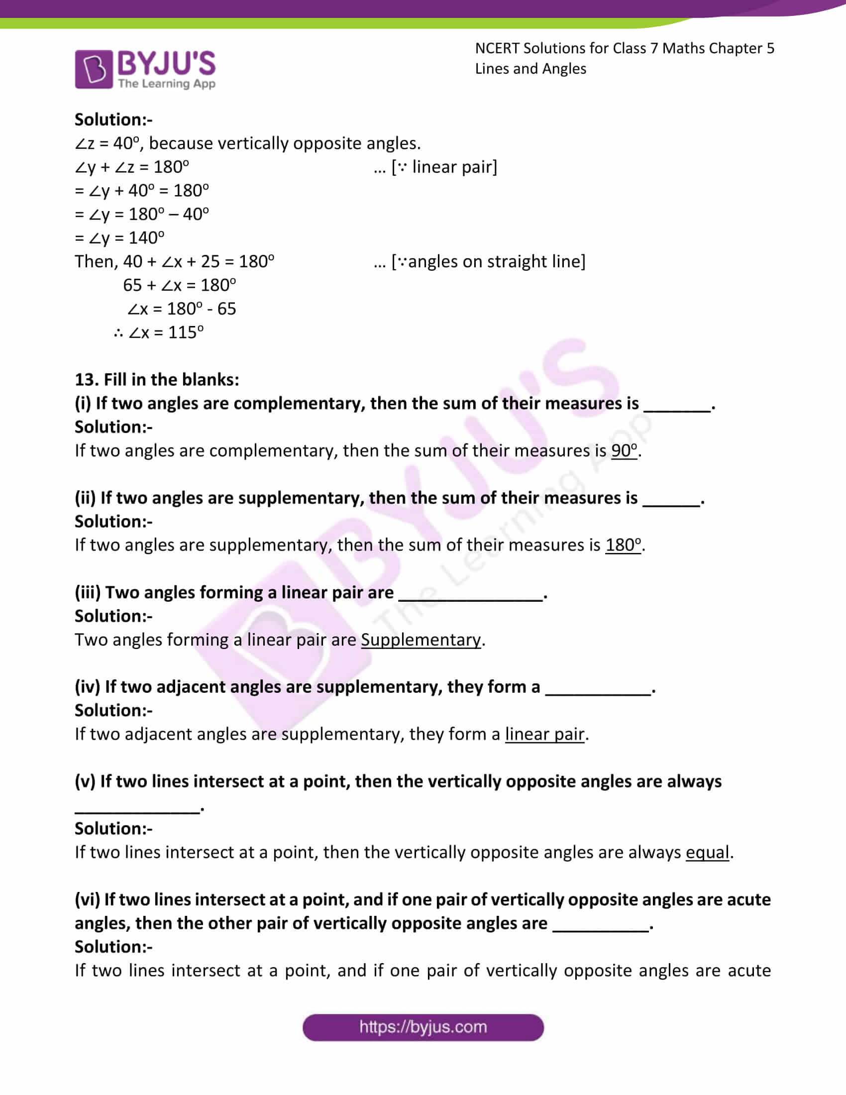 NCERT Solutions for Class 7 Maths Exercise 5.1 Chapter 5 Lines and Angles. Available in Free PDF ...