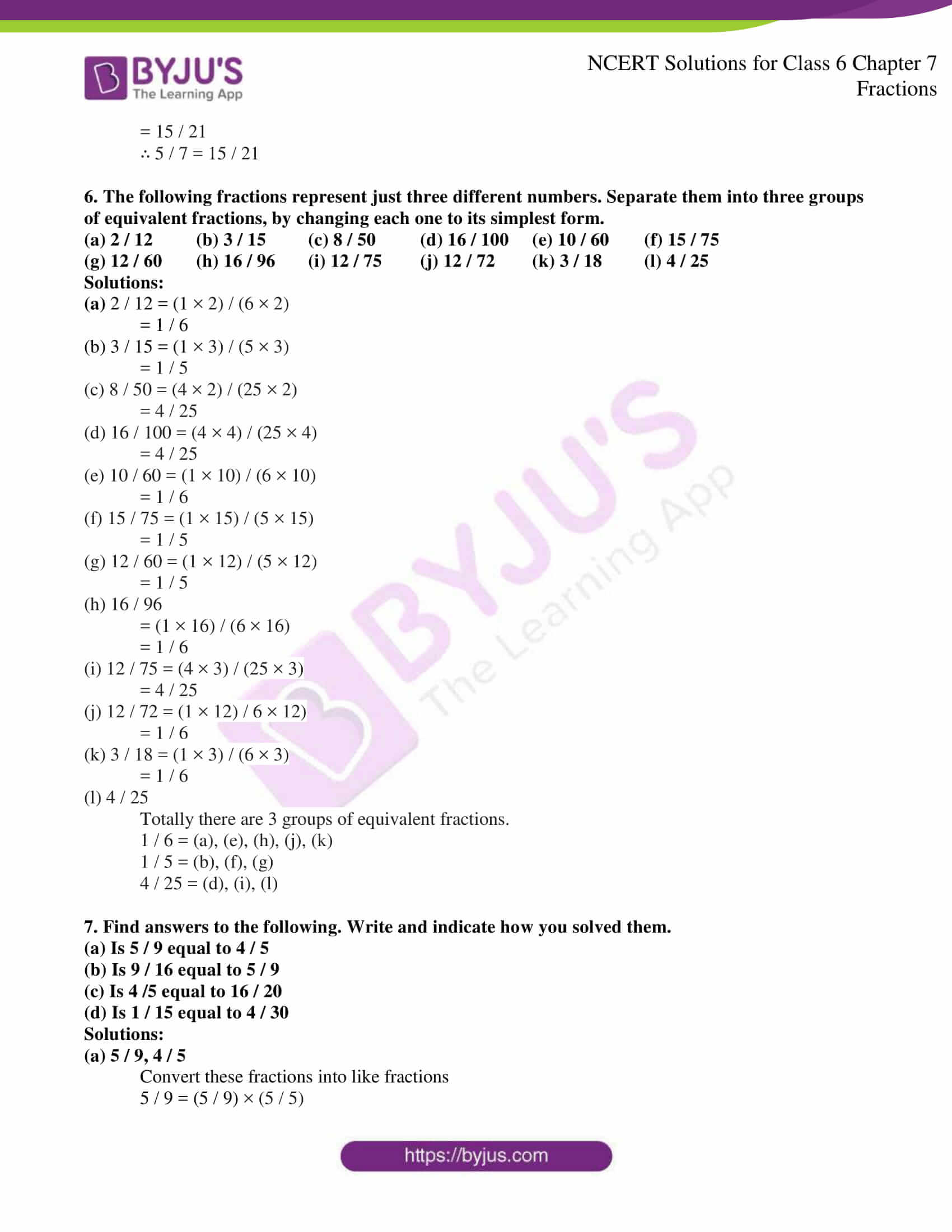 NCERT Solutions for Class 6 Maths Chapter 7 Fractions
