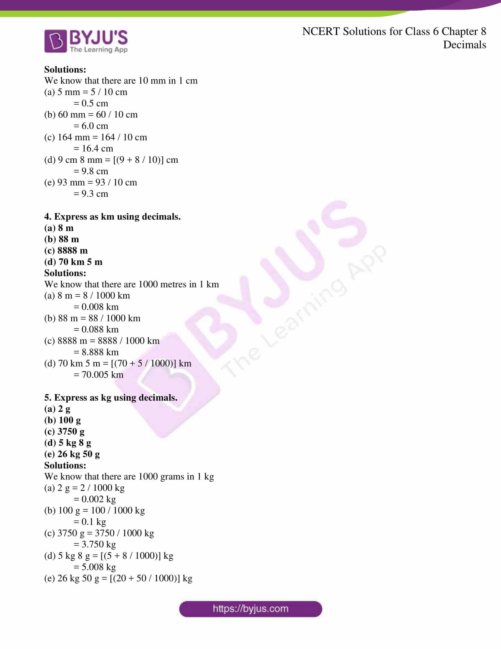 NCERT Solutions Class 6 Maths Chapter 8 Decimals - Click Here To Download