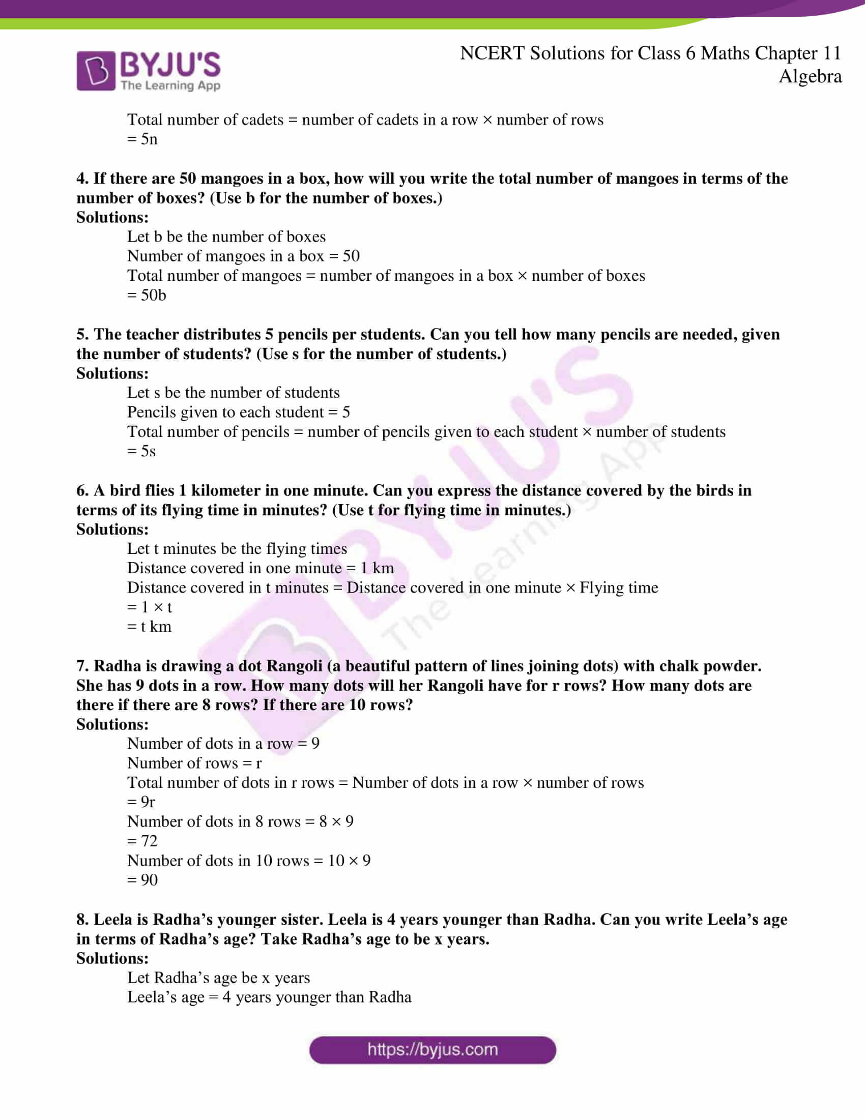NCERT Solutions Class 6 Maths Chapter 11 Algebra - Free Download