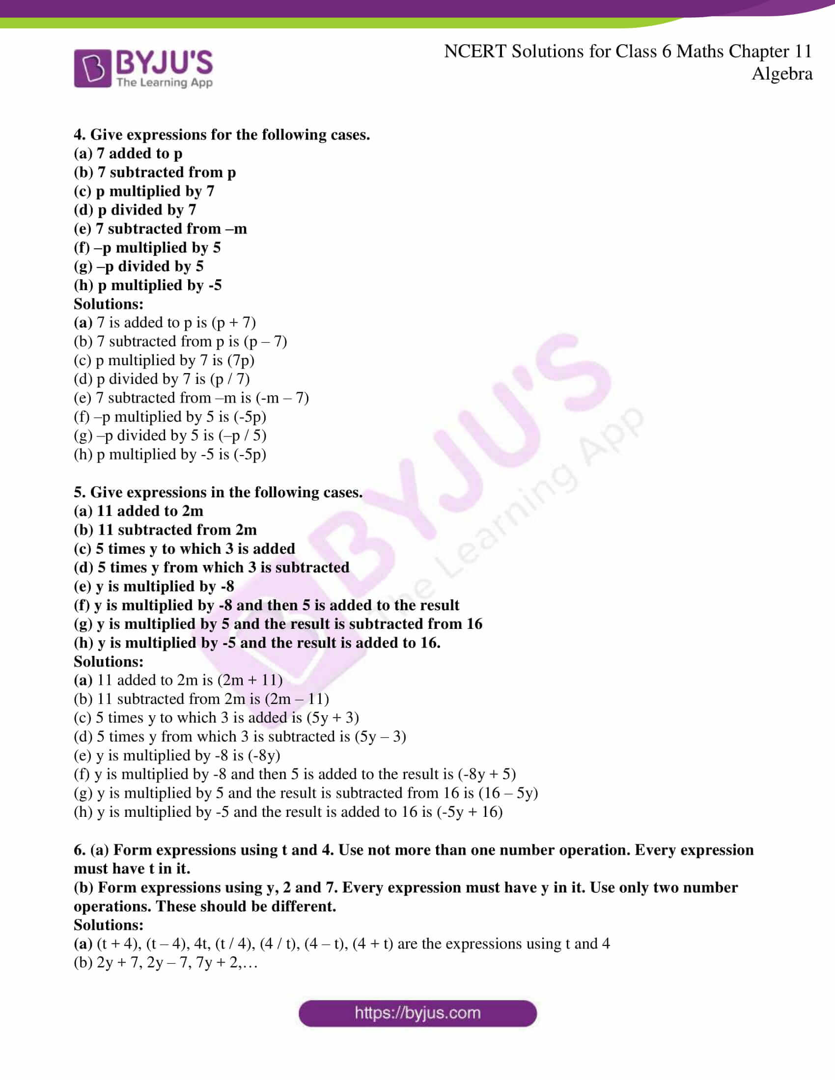 NCERT Solutions Class 6 Maths Chapter 11 Algebra - Free Download