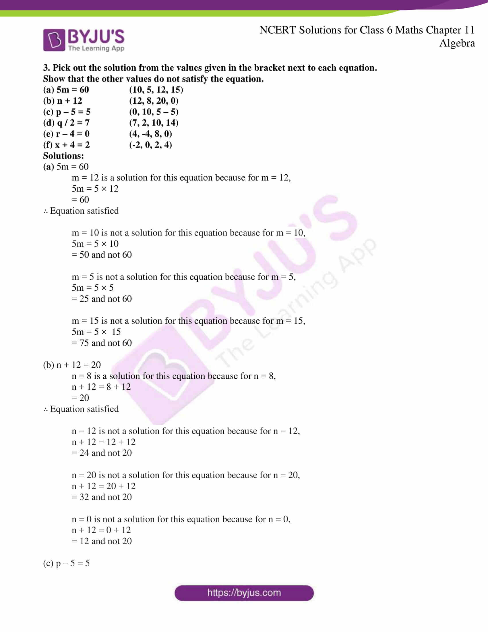 NCERT Solutions Class 6 Maths Chapter 11 Algebra - Free Download