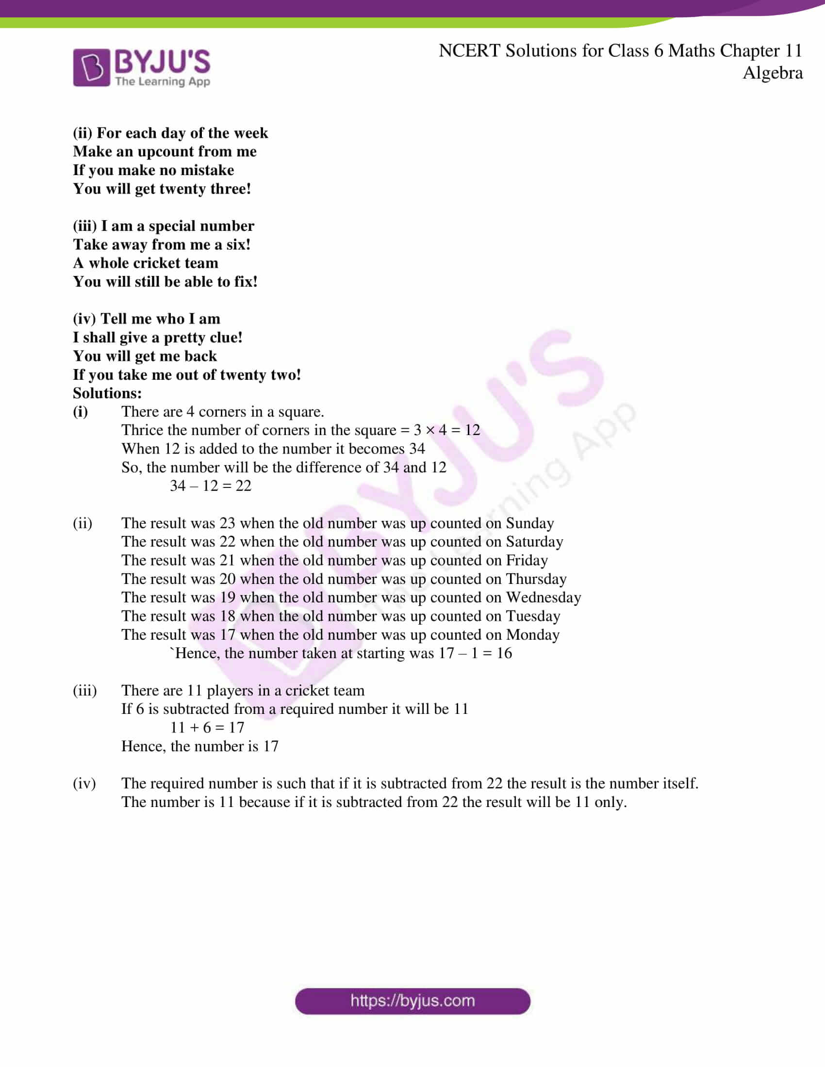 NCERT Solutions Class 6 Maths Chapter 11 Algebra - Free Download