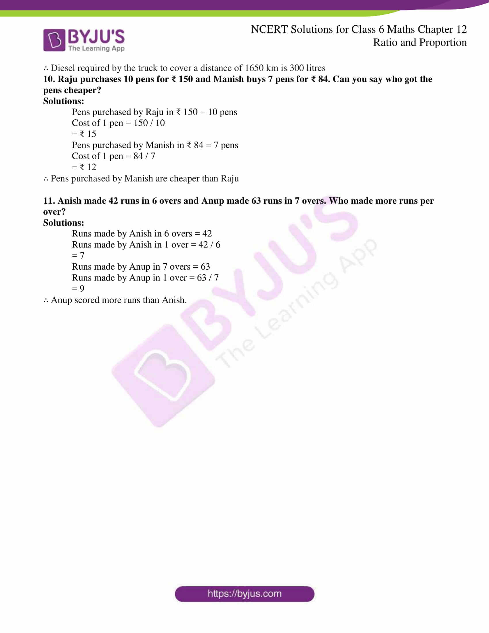 NCERT Solutions For Class 6 Maths Chapter 12 : Ratio And Proportion - Click Here To Download