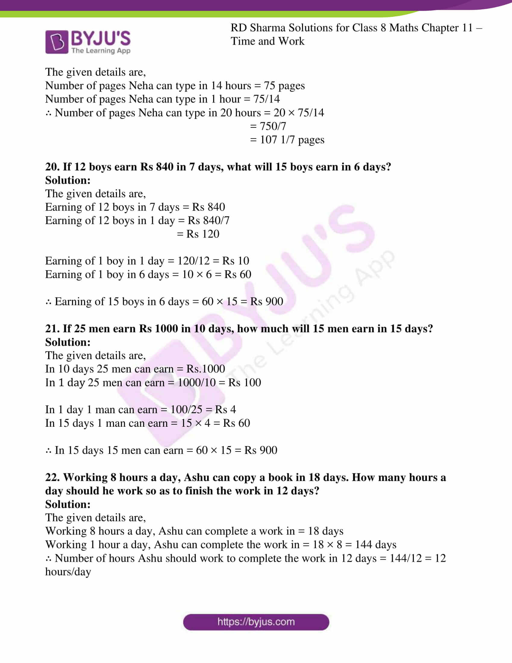 RD Sharma Solutions for Class 8 Chapter 11 Time and Work free download pdf