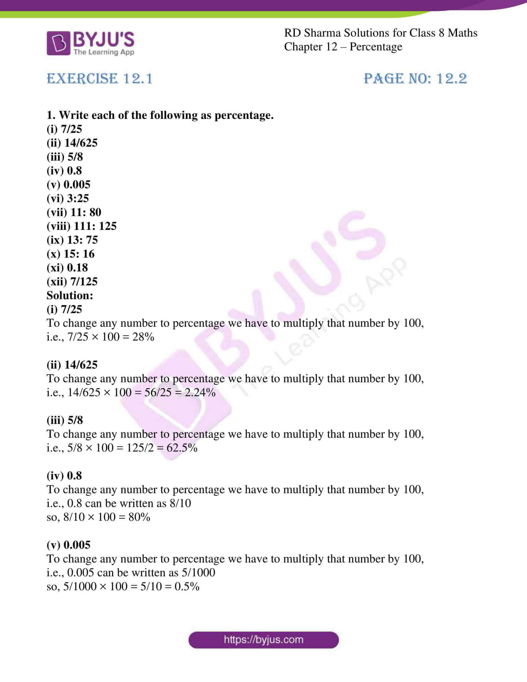 RD Sharma Solutions For Class 8 Chapter 12 Percentage Download Free PDF