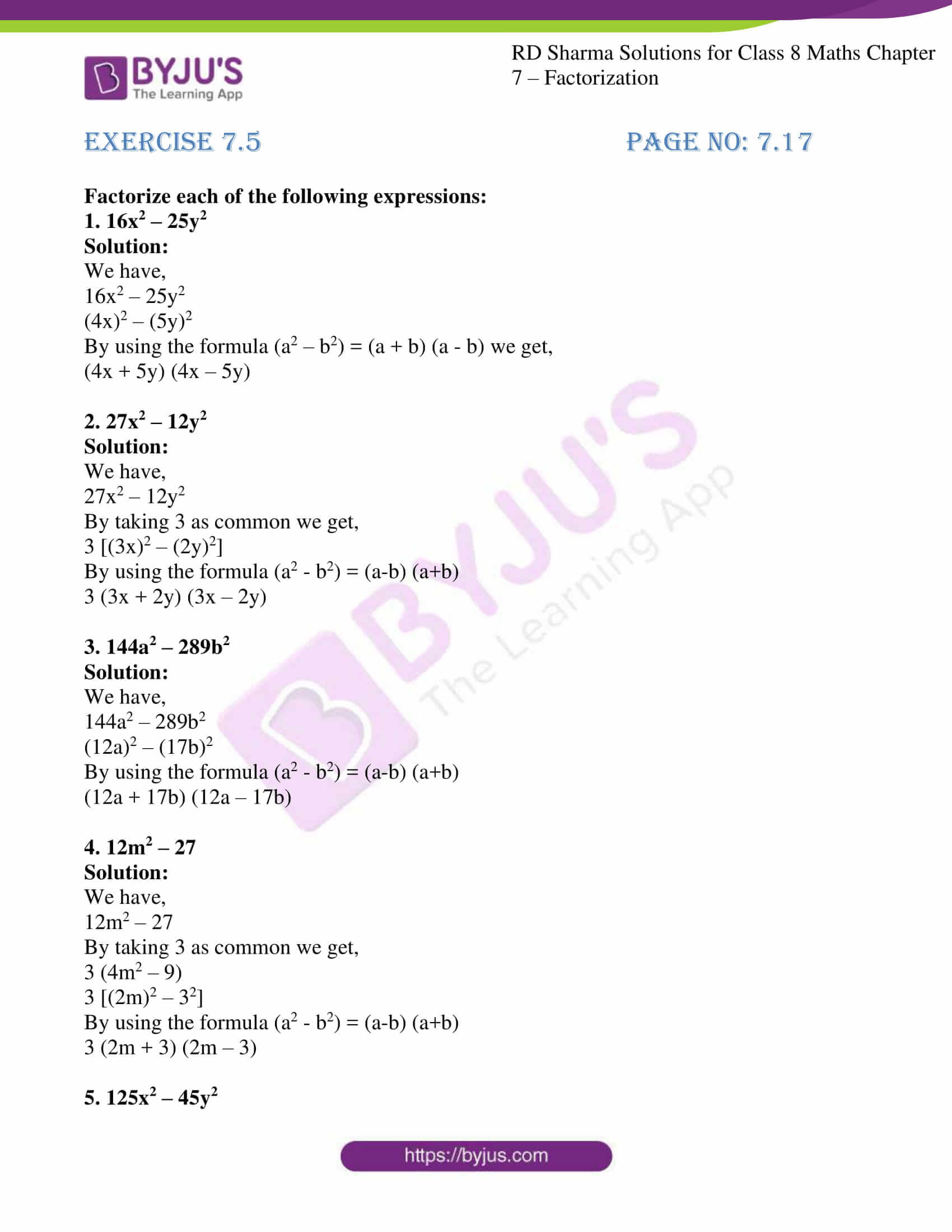 RD Sharma Solutions for Class 8 Chapter - 7 Factorization Exercise 7.5 ...