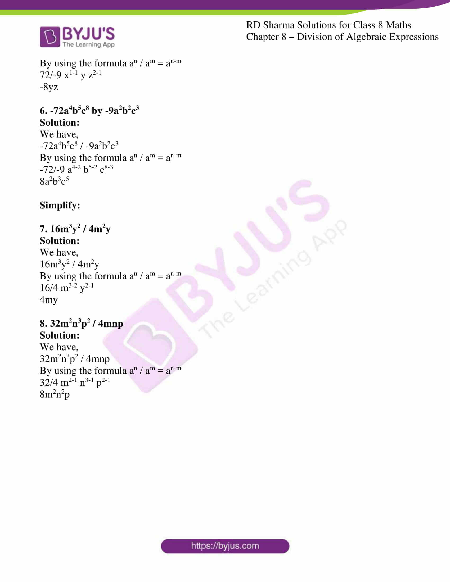 RD Sharma Solutions for Class 8 Chapter 8 Division of Algebraic ...