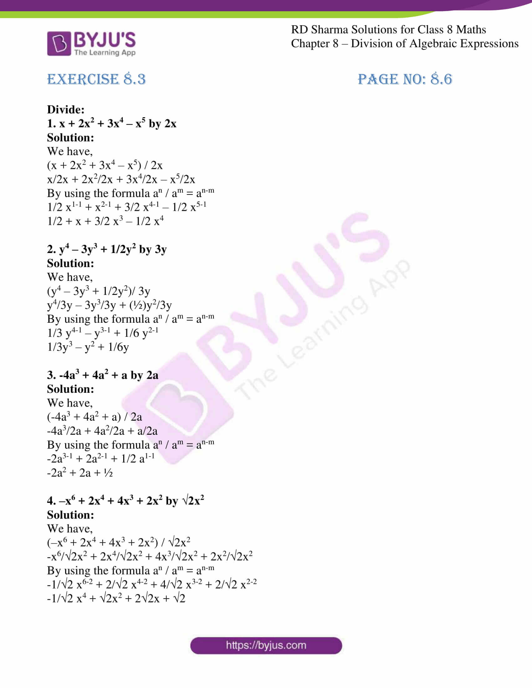 RD Sharma Solutions for Class 8 Chapter 8 Division of Algebraic ...