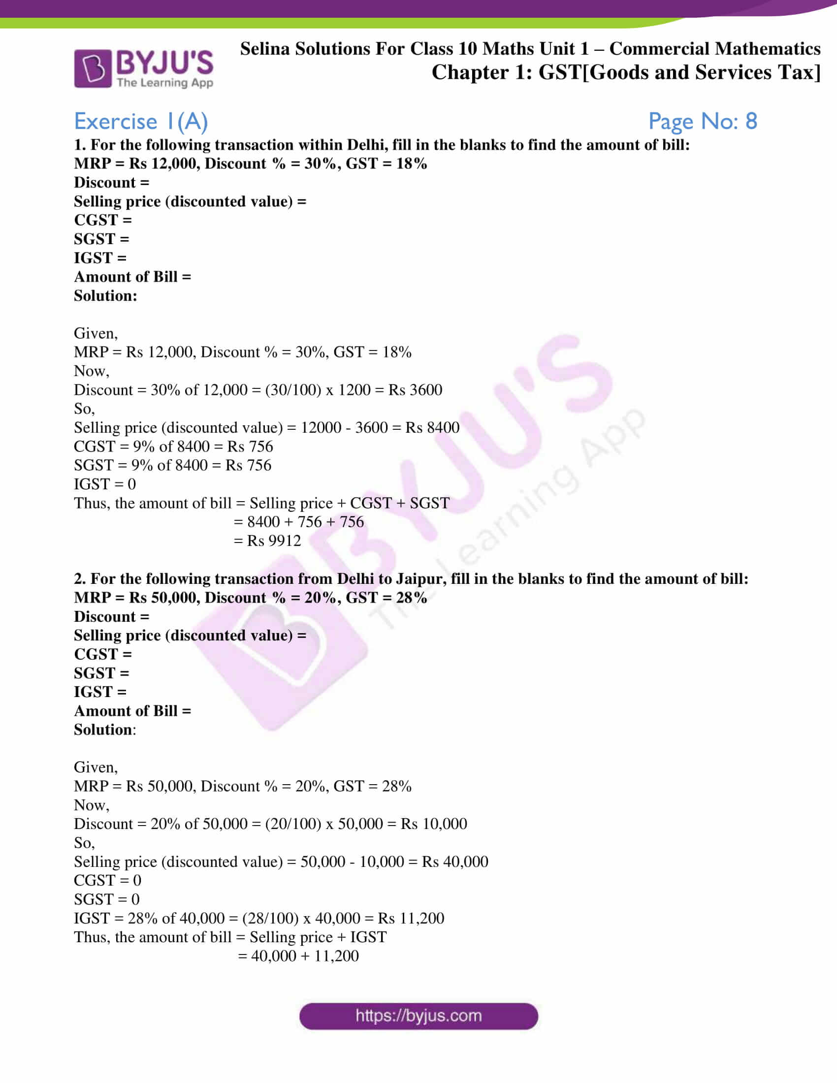 Selina Solution Concise Mathematics Class 10 Chapter 1 GST [Goods and Services Tax] Exercise 1(A ...