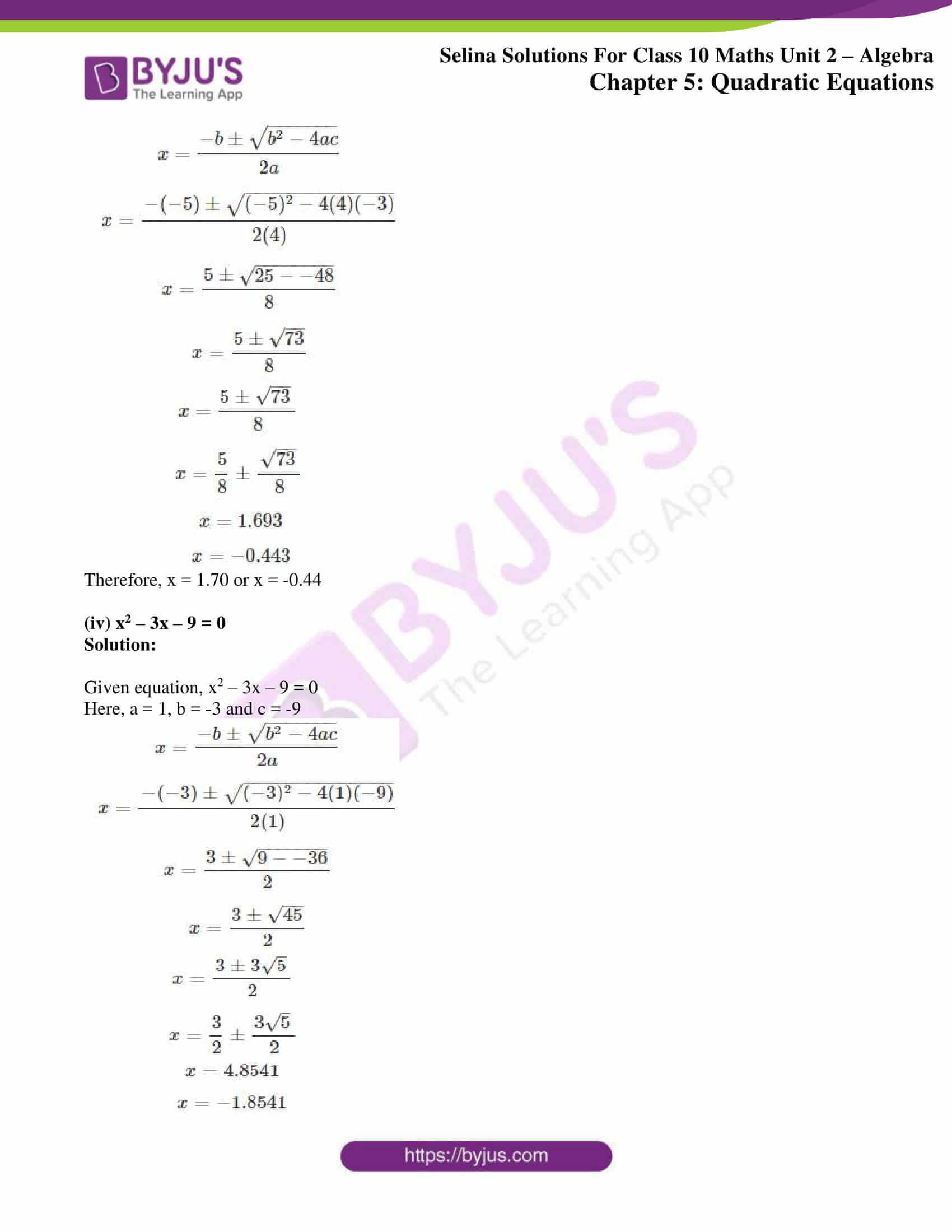 Selina Solution Concise Mathematics Class 10 Chapter 5 Quadratic Selina Solution Concise Mathematics Class 10 Chapter 5 Quadratic