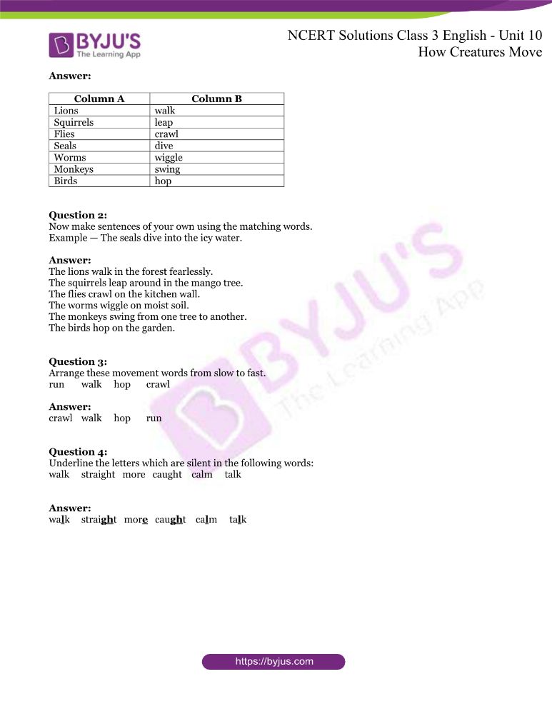 NCERT Solutions for Class 3 English Unit 10 - How Creatures Move ...