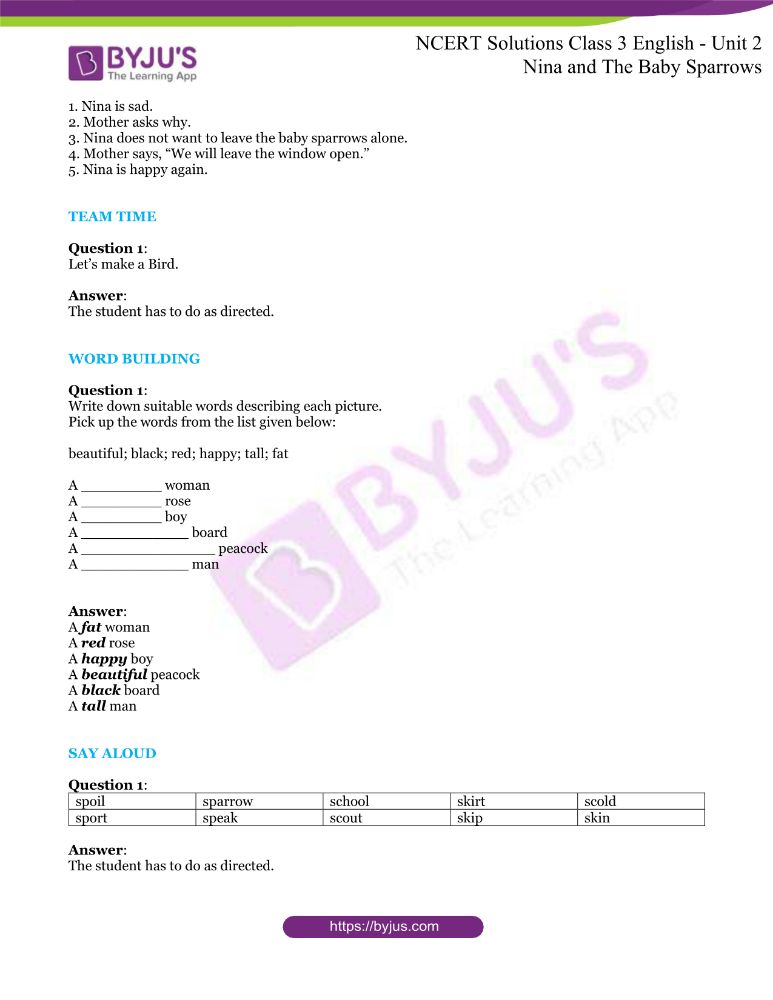 NCERT Solutions Class 3 English Unit 2 Nina and The Baby Sparrows - PDF