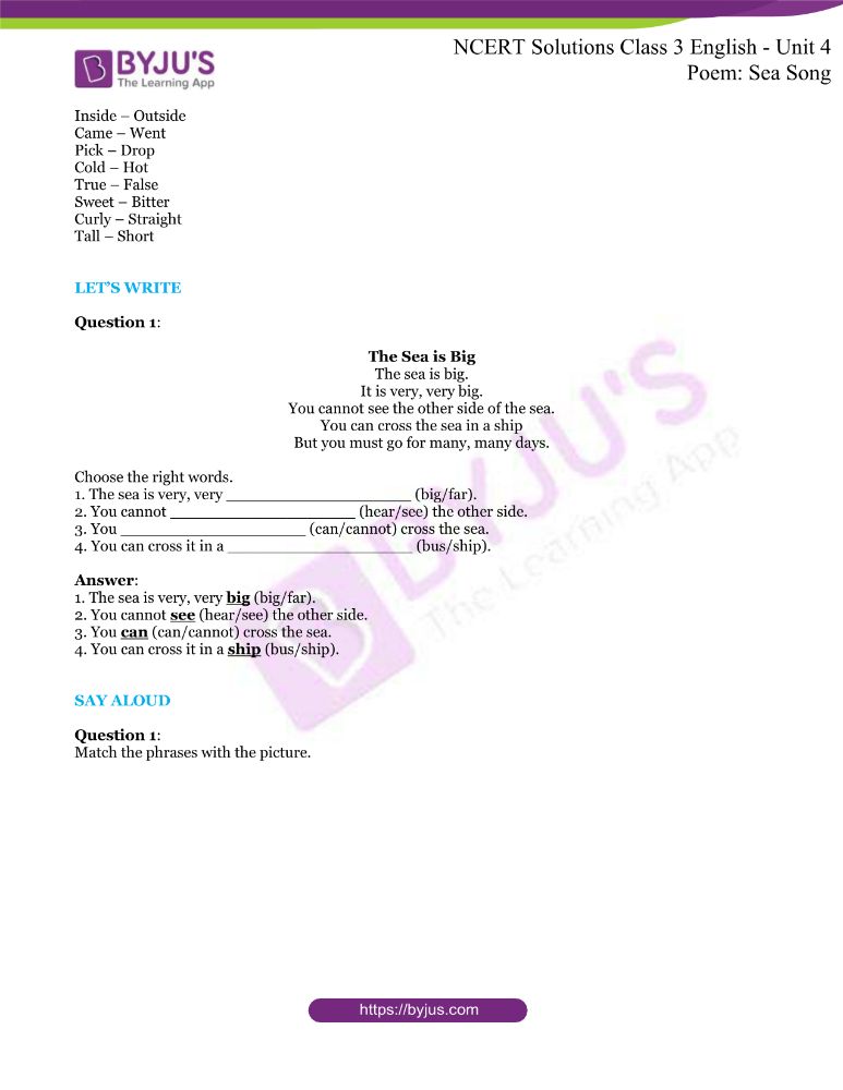 NCERT Solutions Class 3 English Unit 4 Sea Song - Download PDF