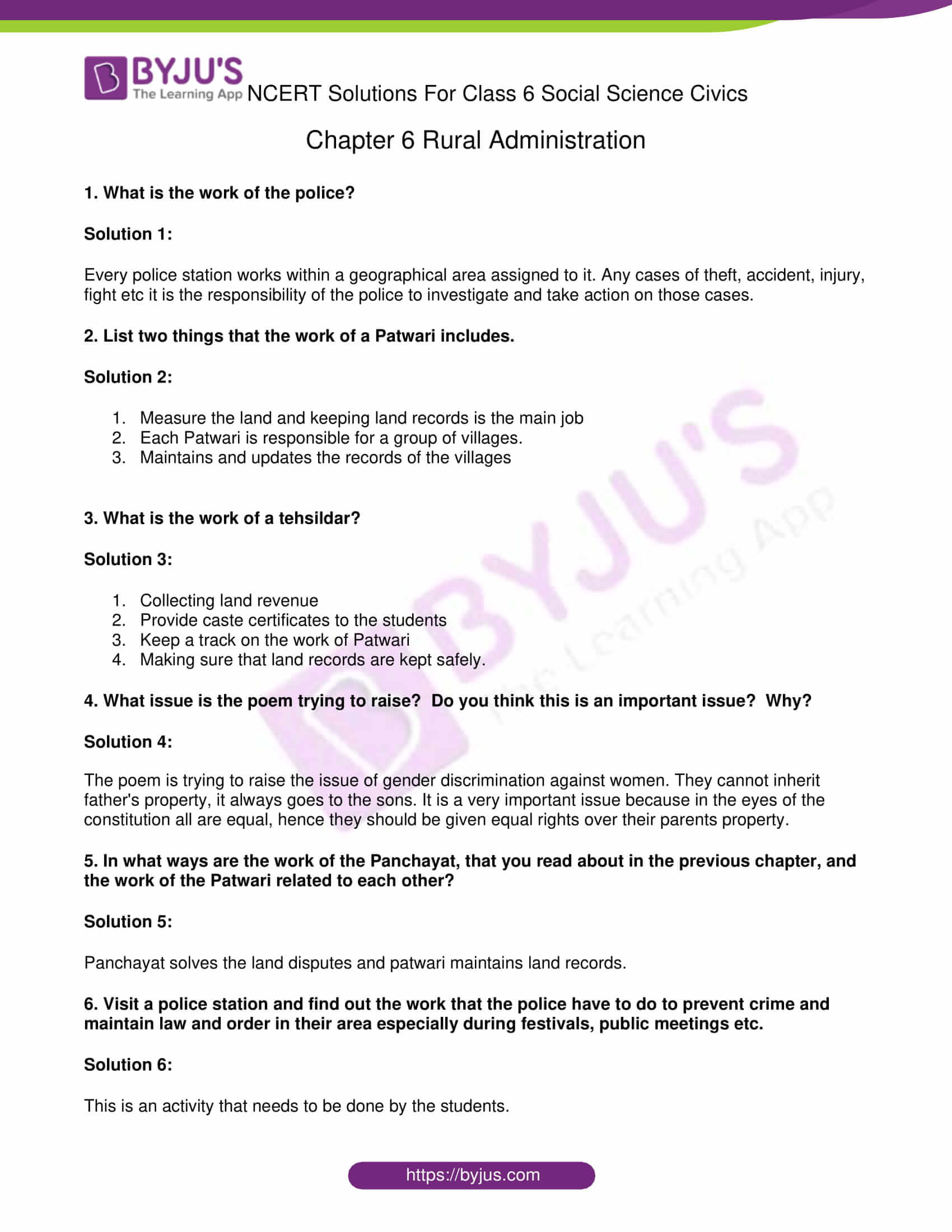 NCERT Solutions for Class 6 Civics Social Science Chapter 6 Rural Administration - Free PDF