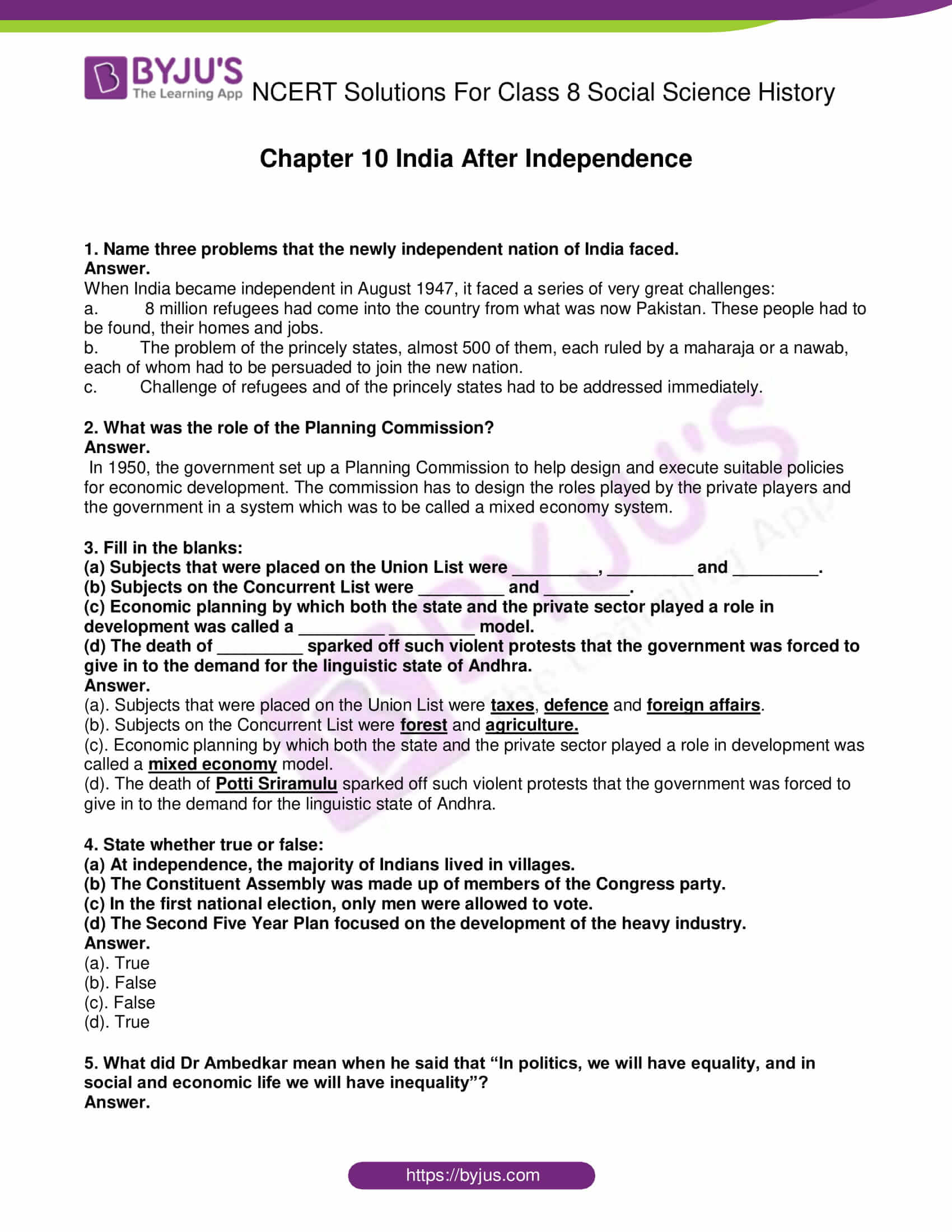 NCERT Solutions For Class 8 History Social Science Chapter 10 India