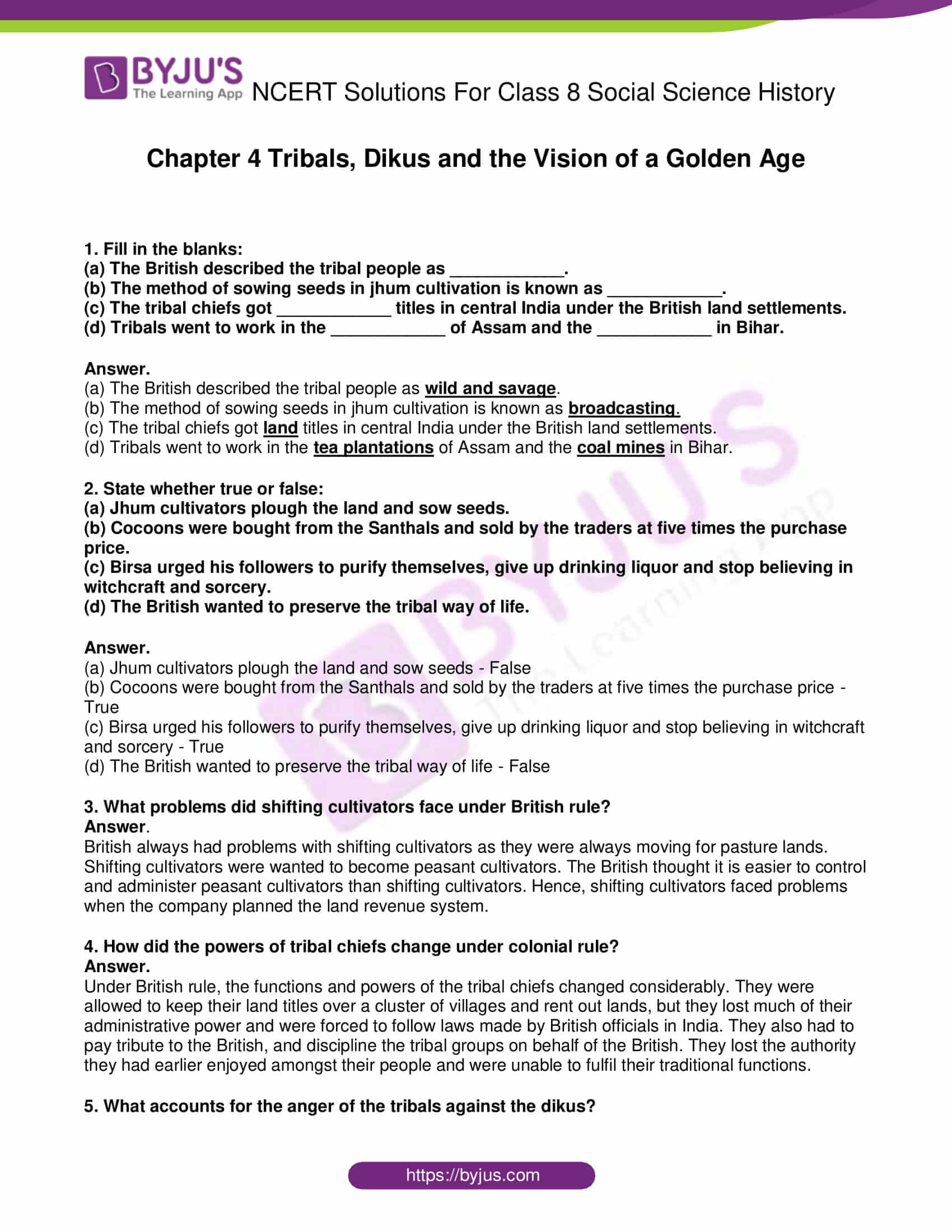 NCERT Solutions For Class 8 History Social Science Chapter 4 Tribals Dikus and the Vision of a ...