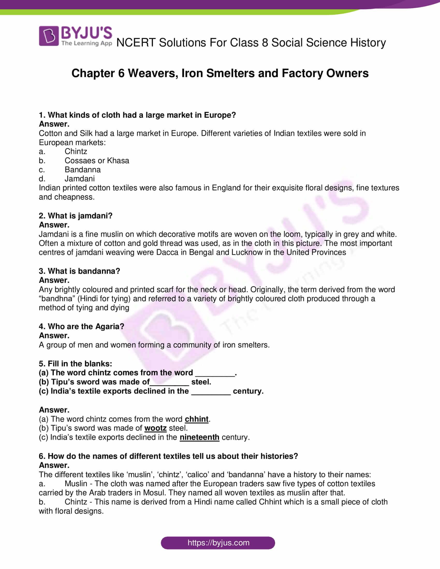 NCERT Solutions for Class 8 History Social Science Chapter 6 Weavers ...