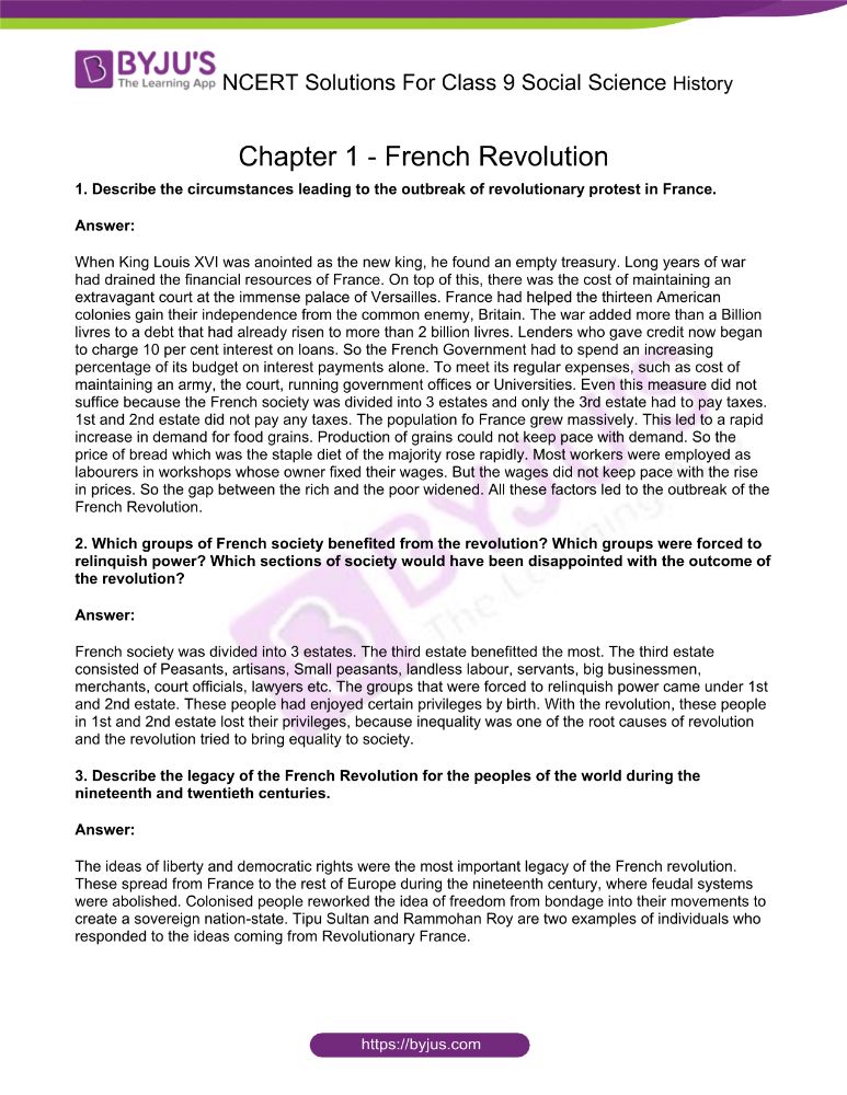 NCERT Solutions For Class 9 History Social Science Chapter 1 French