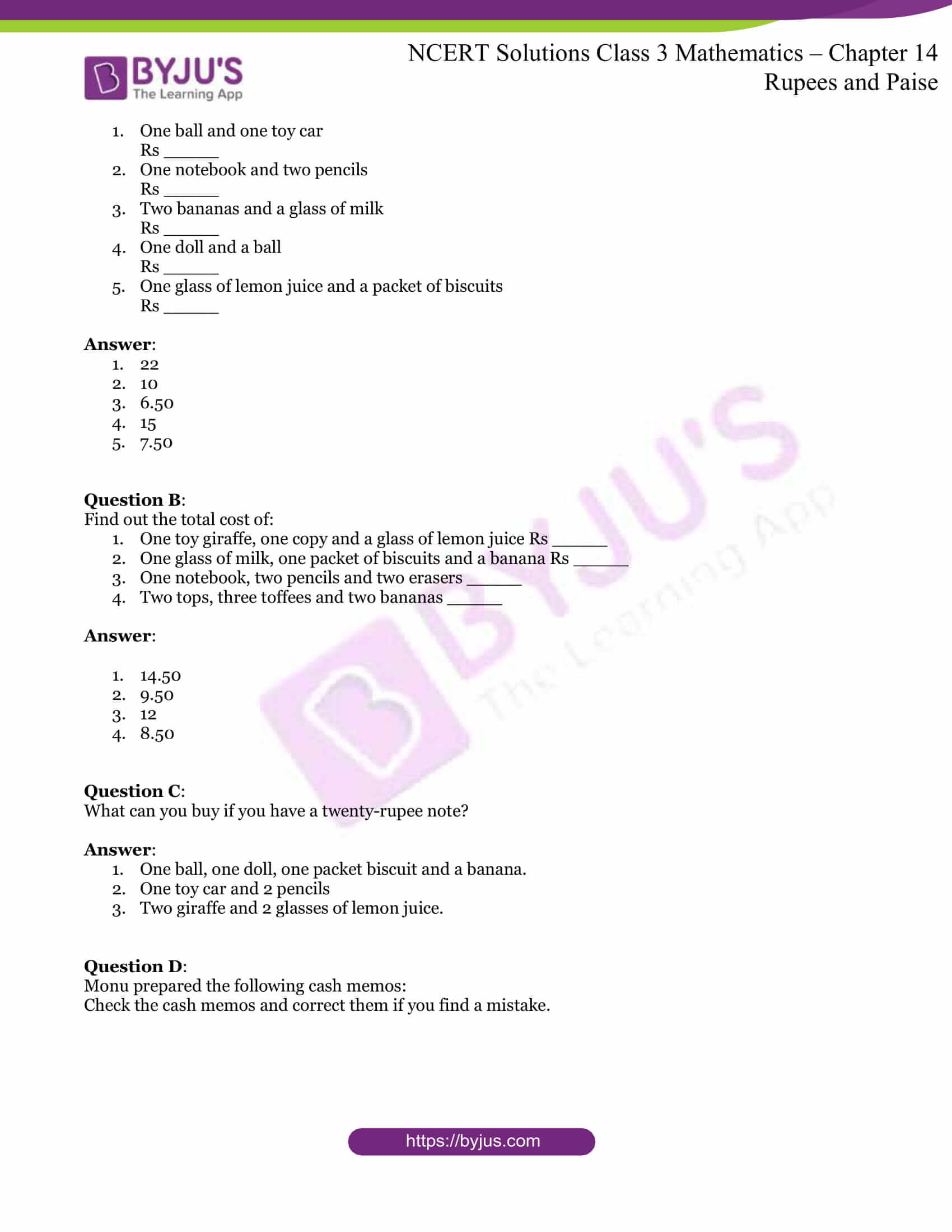 NCERT Solutions Class 3 Maths Chapter 14 Rupees and Paise - PDF