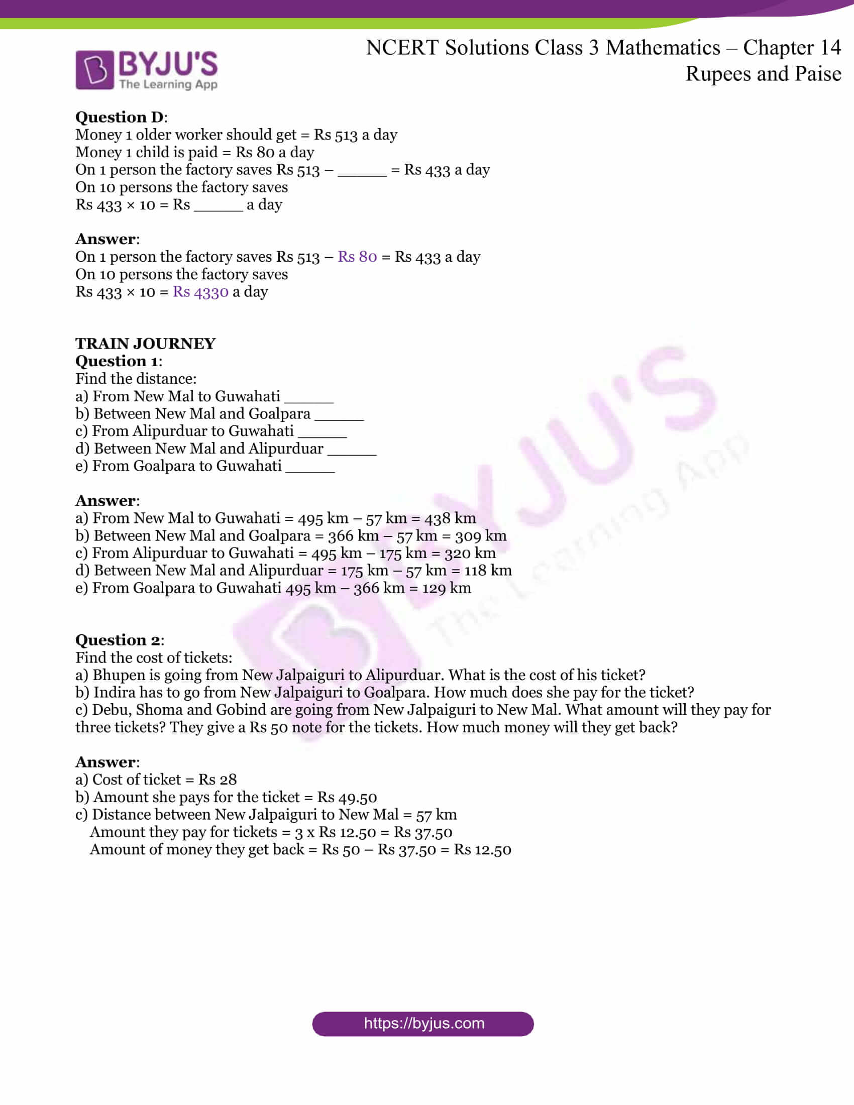 NCERT Solutions Class 3 Maths Chapter 14 Rupees and Paise - PDF