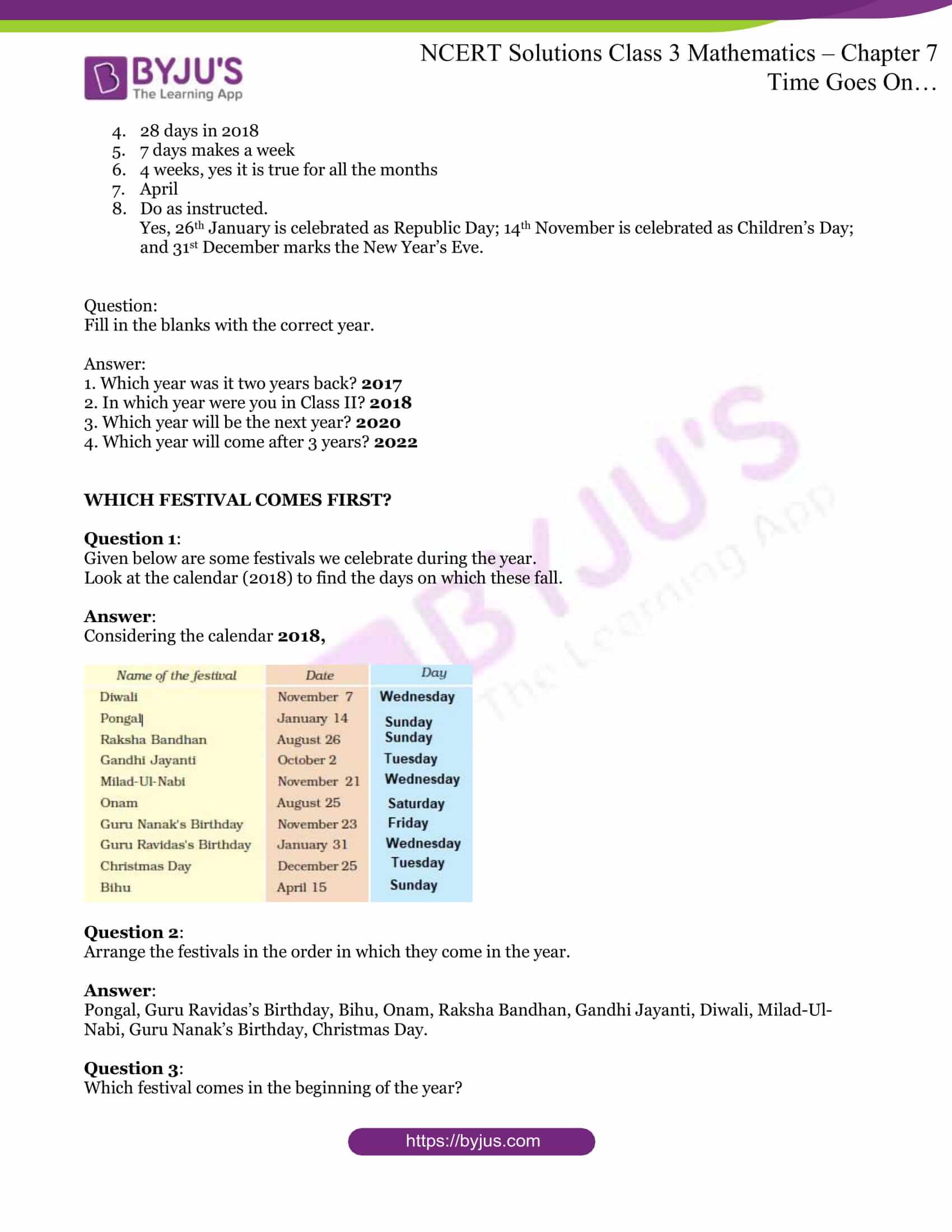 NCERT Solutions Class 3 Maths Chapter 7 Time Goes On-Download PDF
