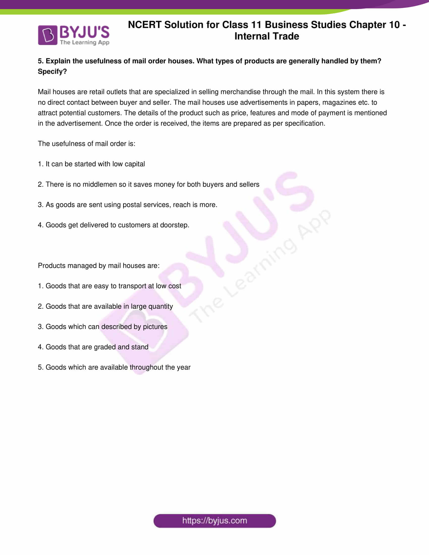 NCERT Solution For Class 11 Business Studies Chapter 10 Internal Trade Download Free PDF