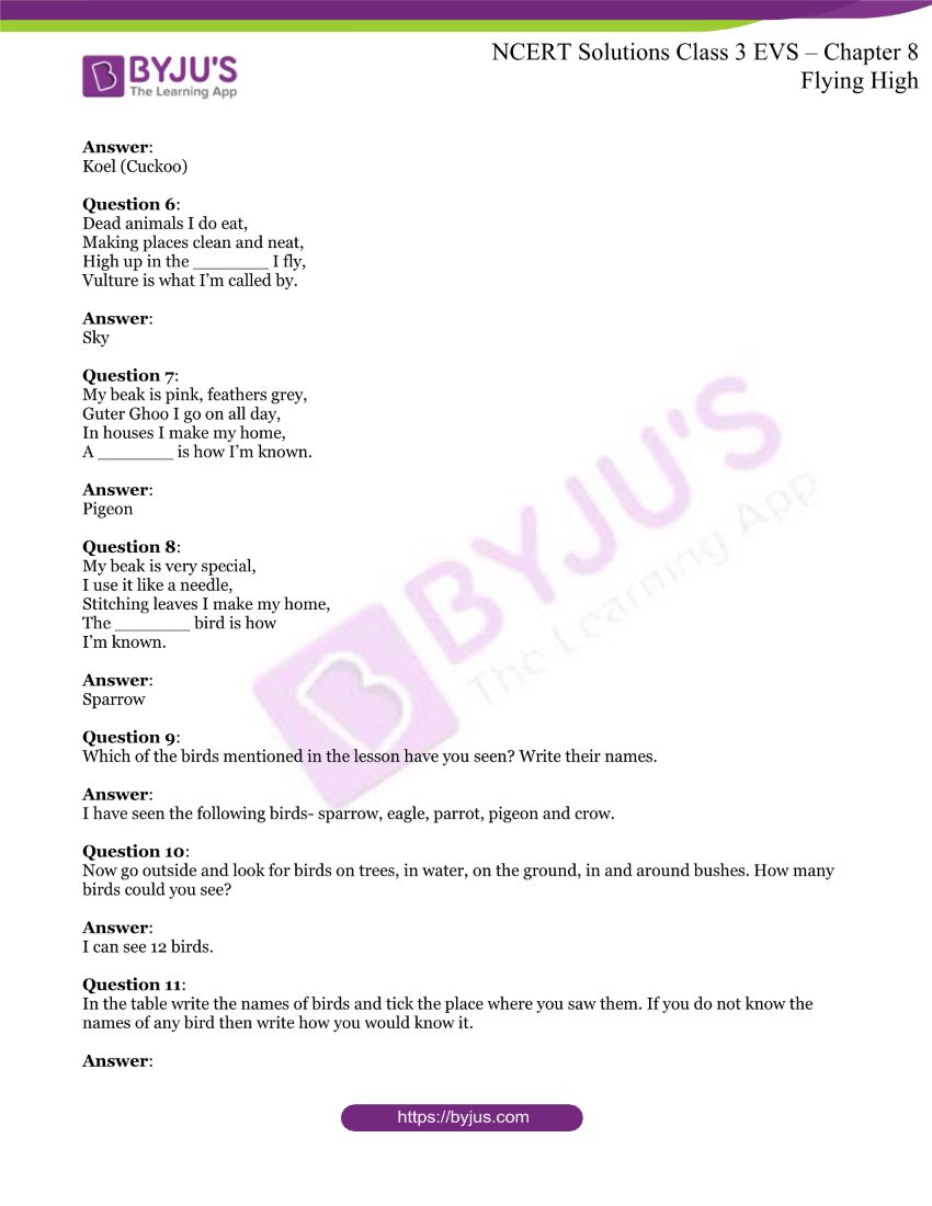 NCERT Solutions for Class 3 EVS Chapter 8 Flying High | Download PDF