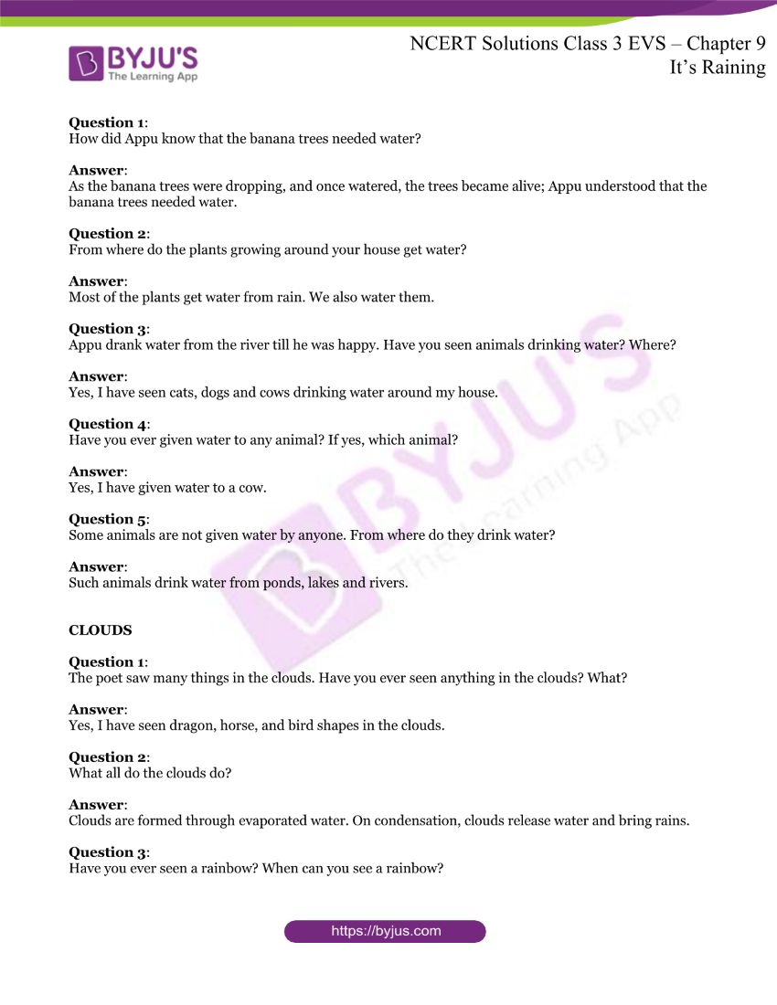 NCERT Solutions for Class 3 EVS Chapter 9 It's Raining|Solutions PDF