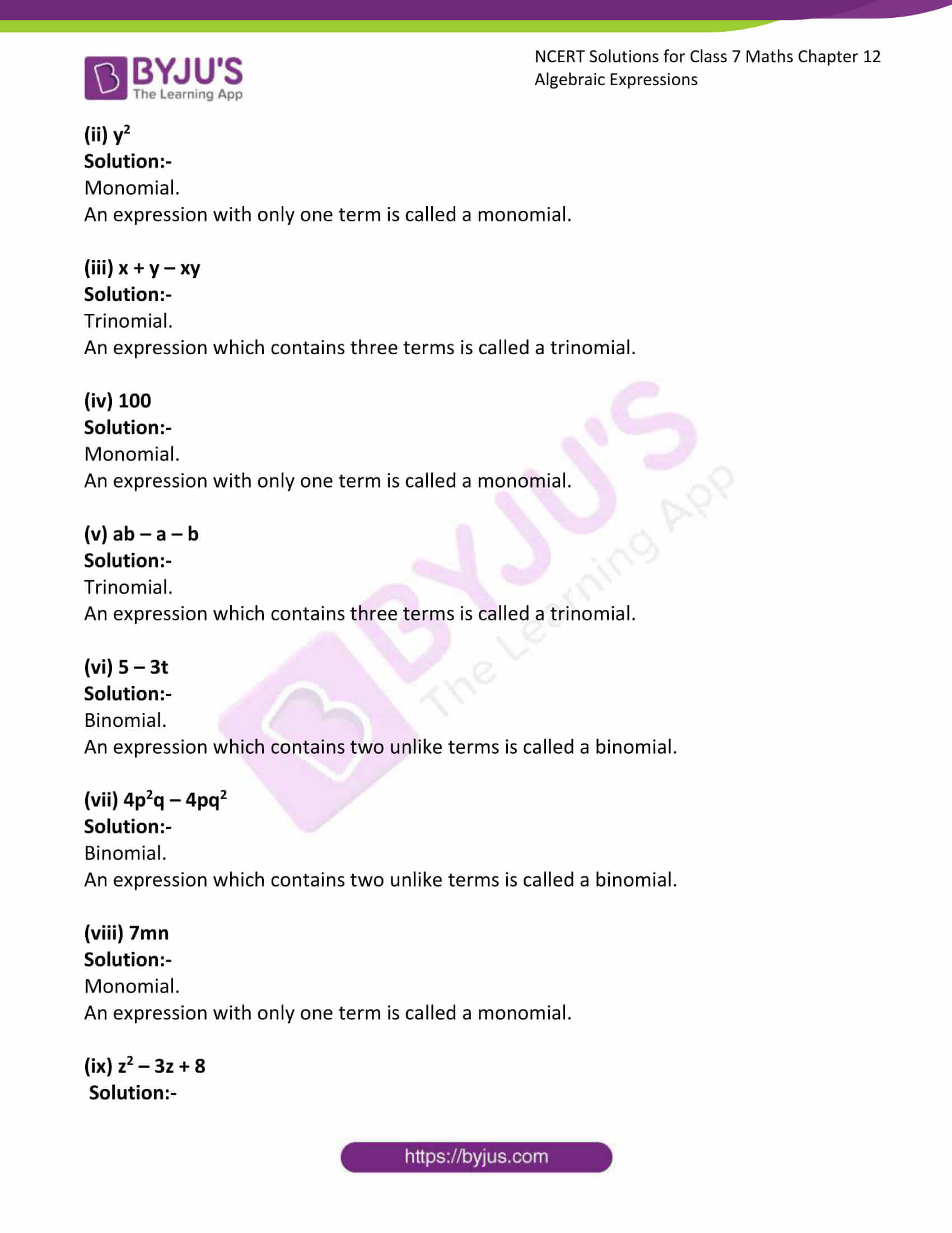Ncert Solutions For Class 7 Maths Chapter 12 Algebraic Expressions