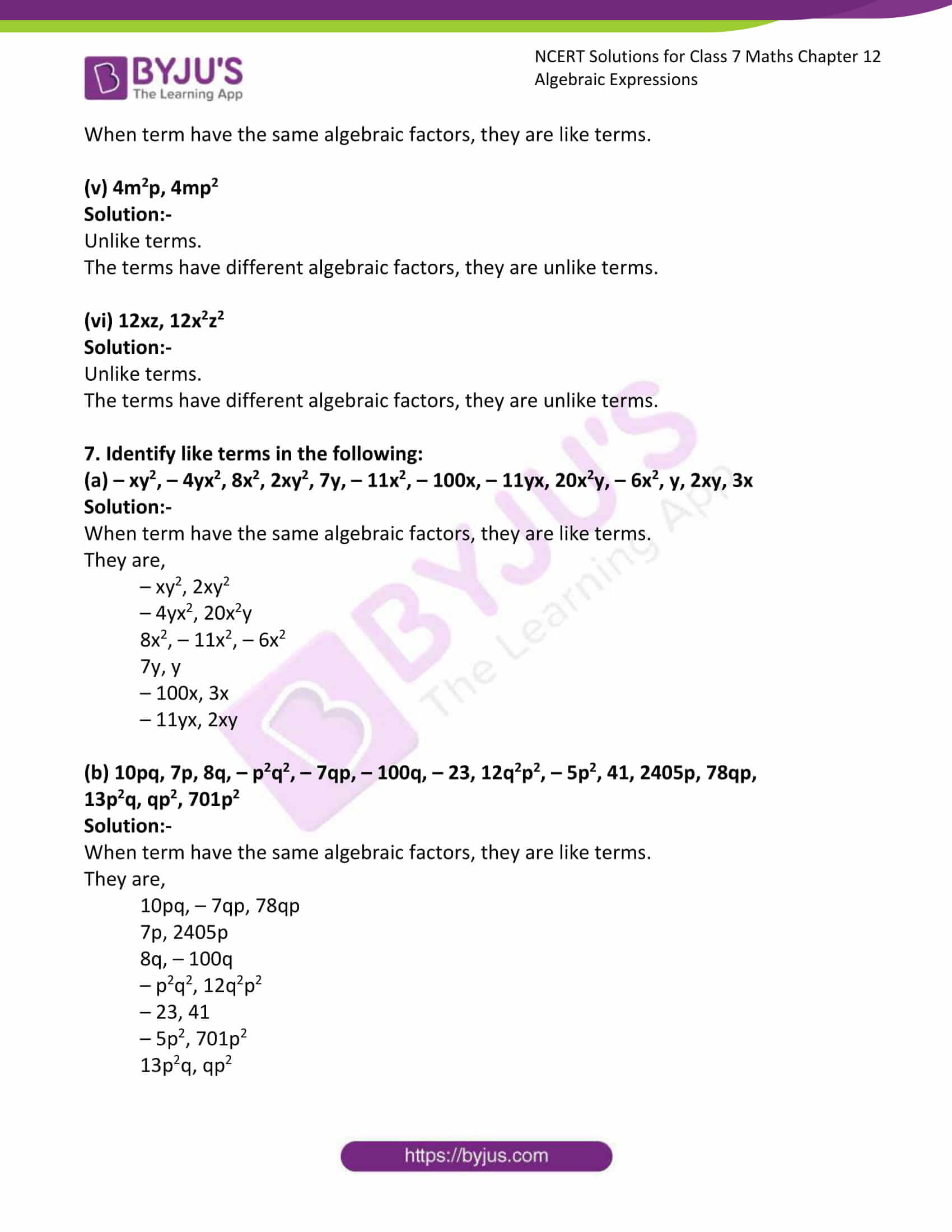 NCERT Solutions for Class 7 Maths Chapter 12 Algebraic Expressions ...