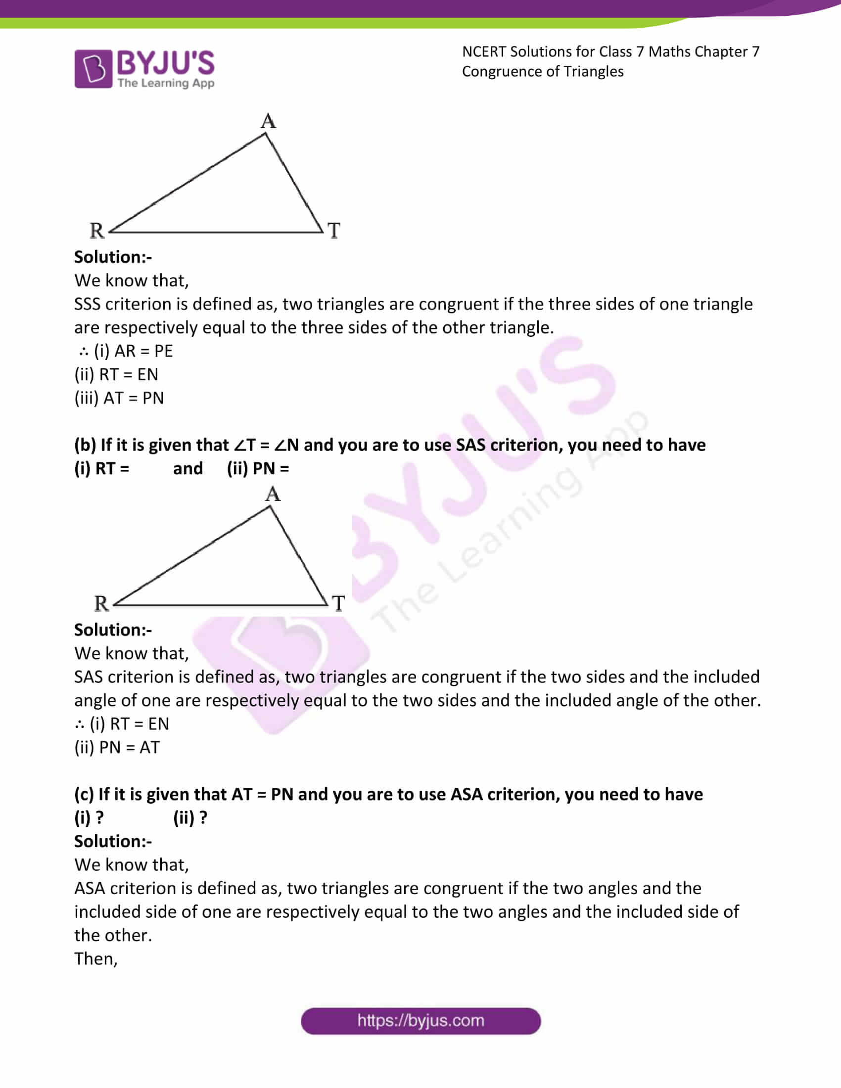 NCERT Solutions for Class 7 Maths Chapter 7 Congruence of Triangles Available in Free PDF Download
