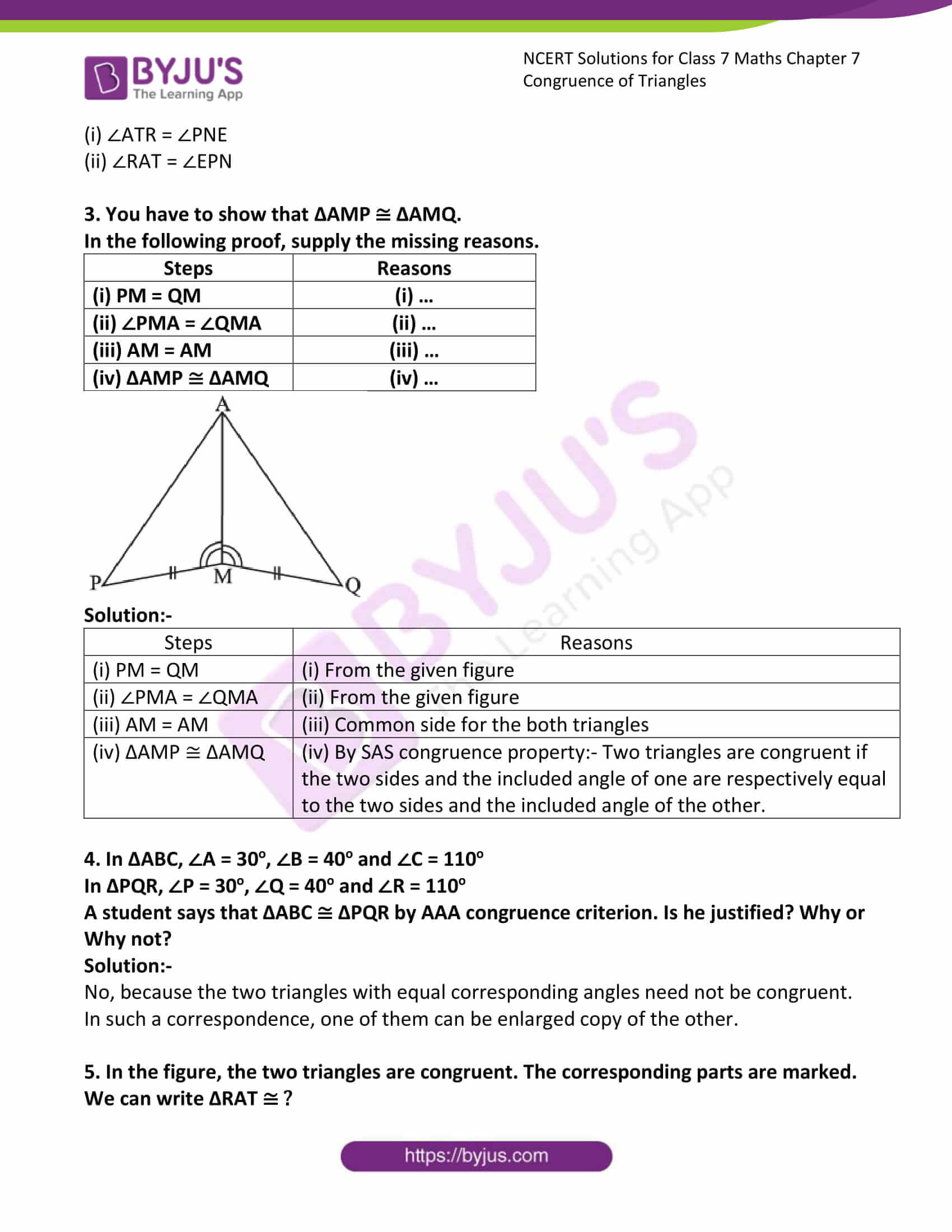 NCERT Solutions for Class 7 Maths Chapter 7 Congruence of Triangles ...
