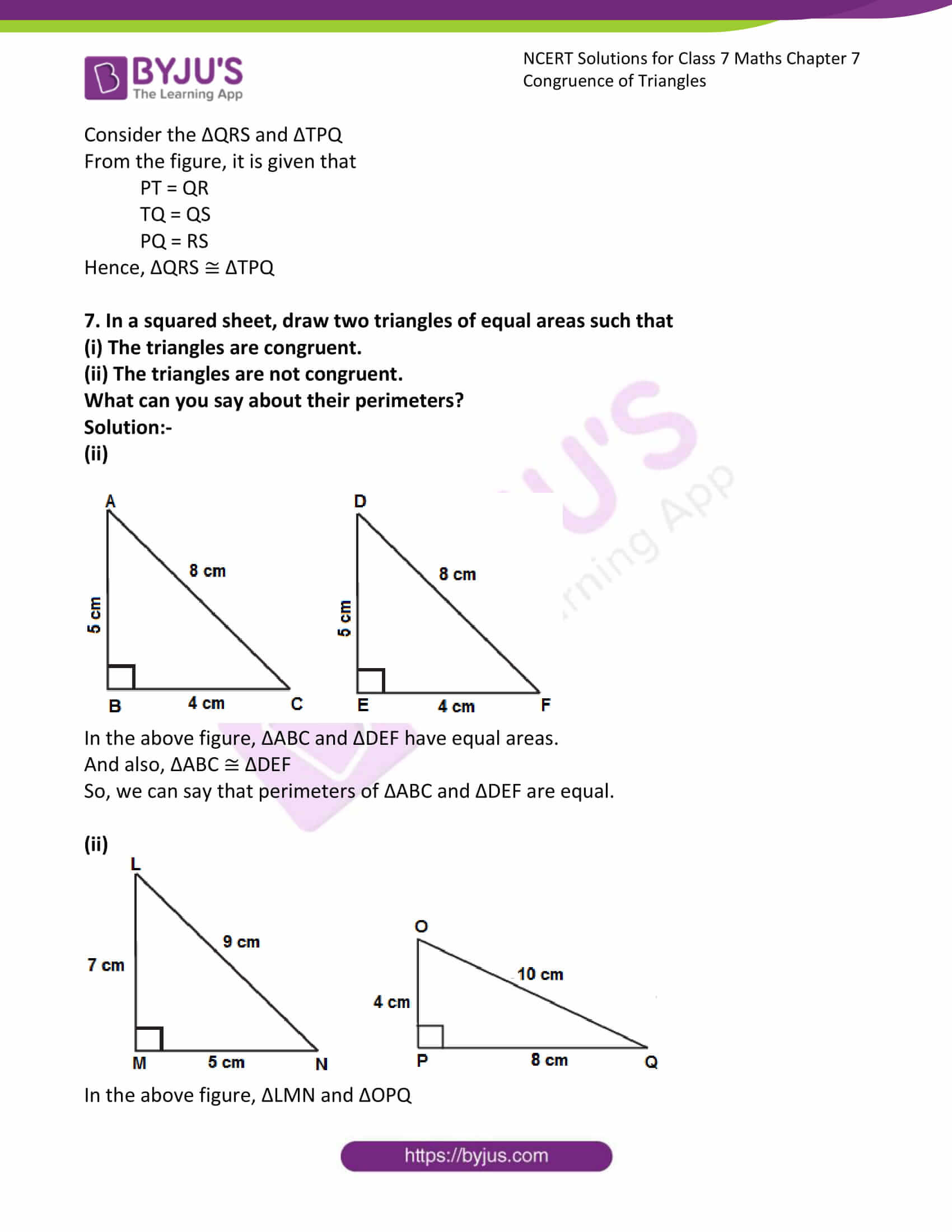 NCERT Solutions for Class 7 Maths Chapter 7 Congruence of Triangles Available in Free PDF Download