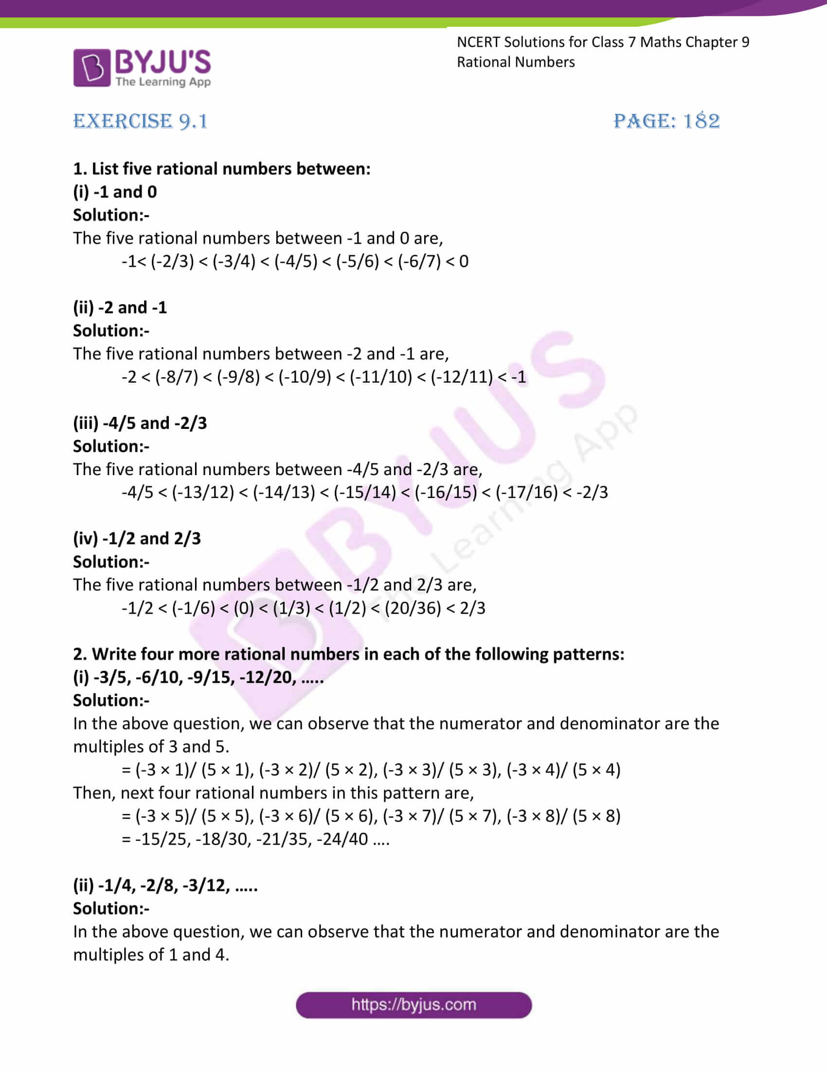 NCERT Solutions For Class 7 Maths Chapter 9 Rational Numbers Exercise 9