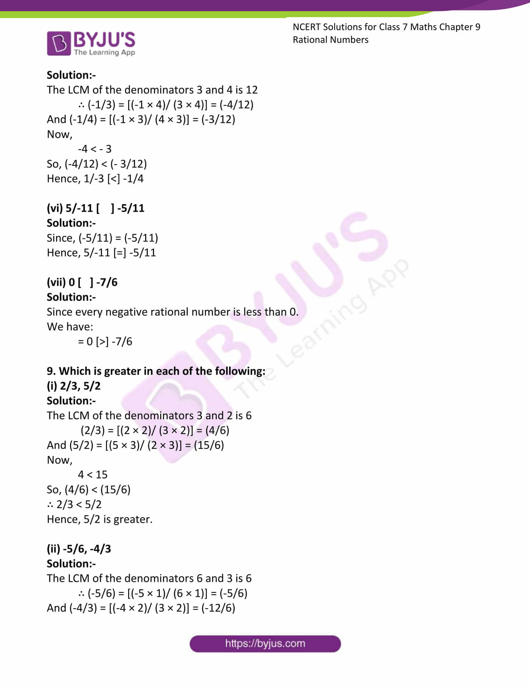 NCERT Solutions for Class 7 Maths Chapter 9 Rational Numbers Exercise 9 ...