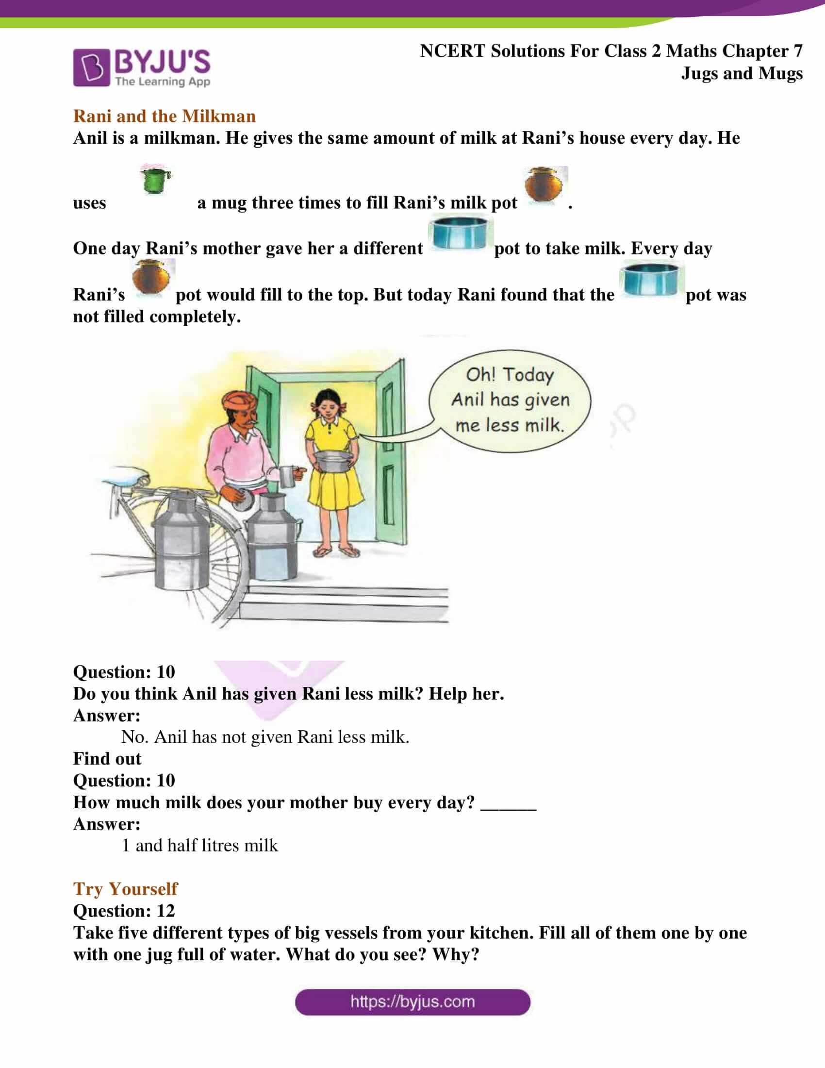 NCERT Solutions For Class 2 Maths Chapter 7 Jugs and Mugs download PDF.