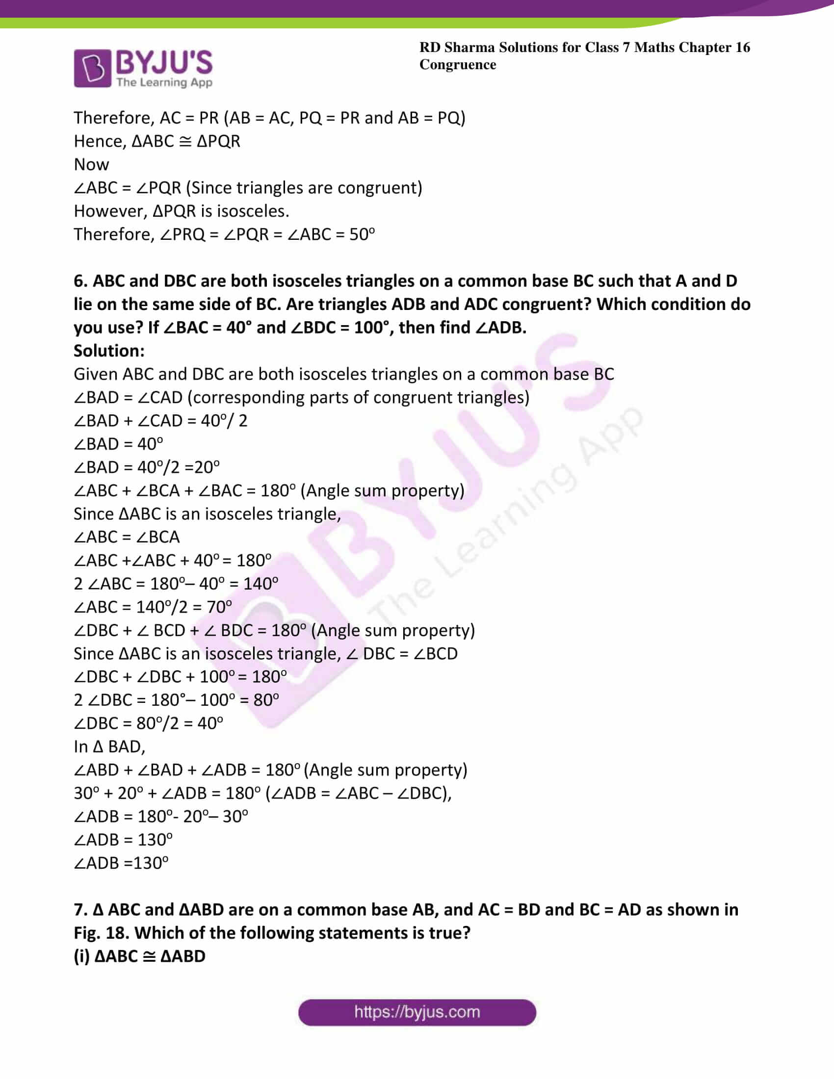 RD Sharma Solutions for Class 7 Maths Chapter 16 - Congruence Exercise ...