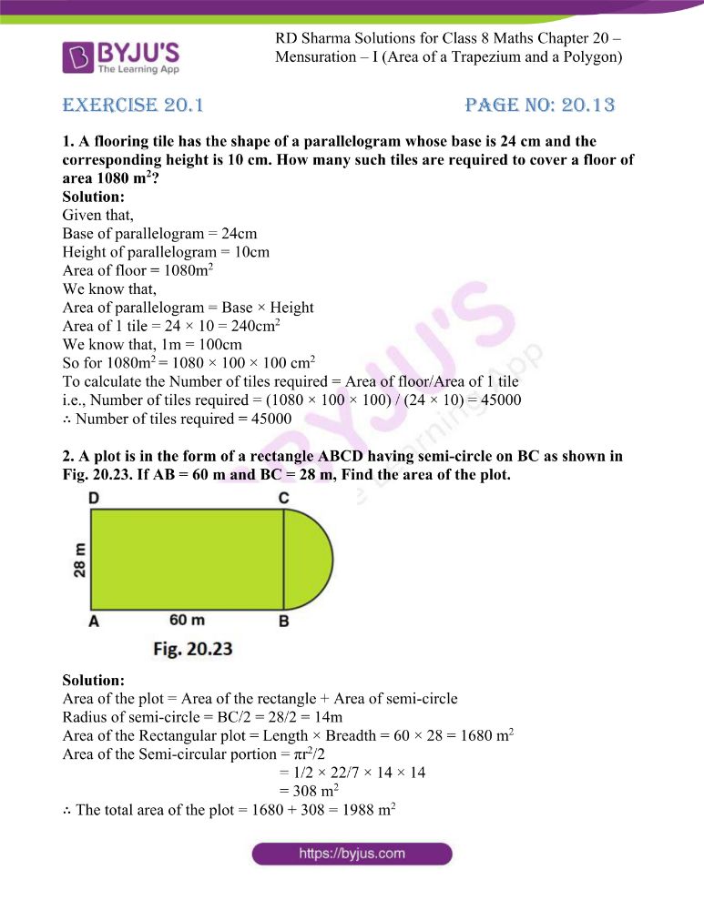 RD Sharma Solutions For Class 8 Chapter 20 Mensuration I Area Of A