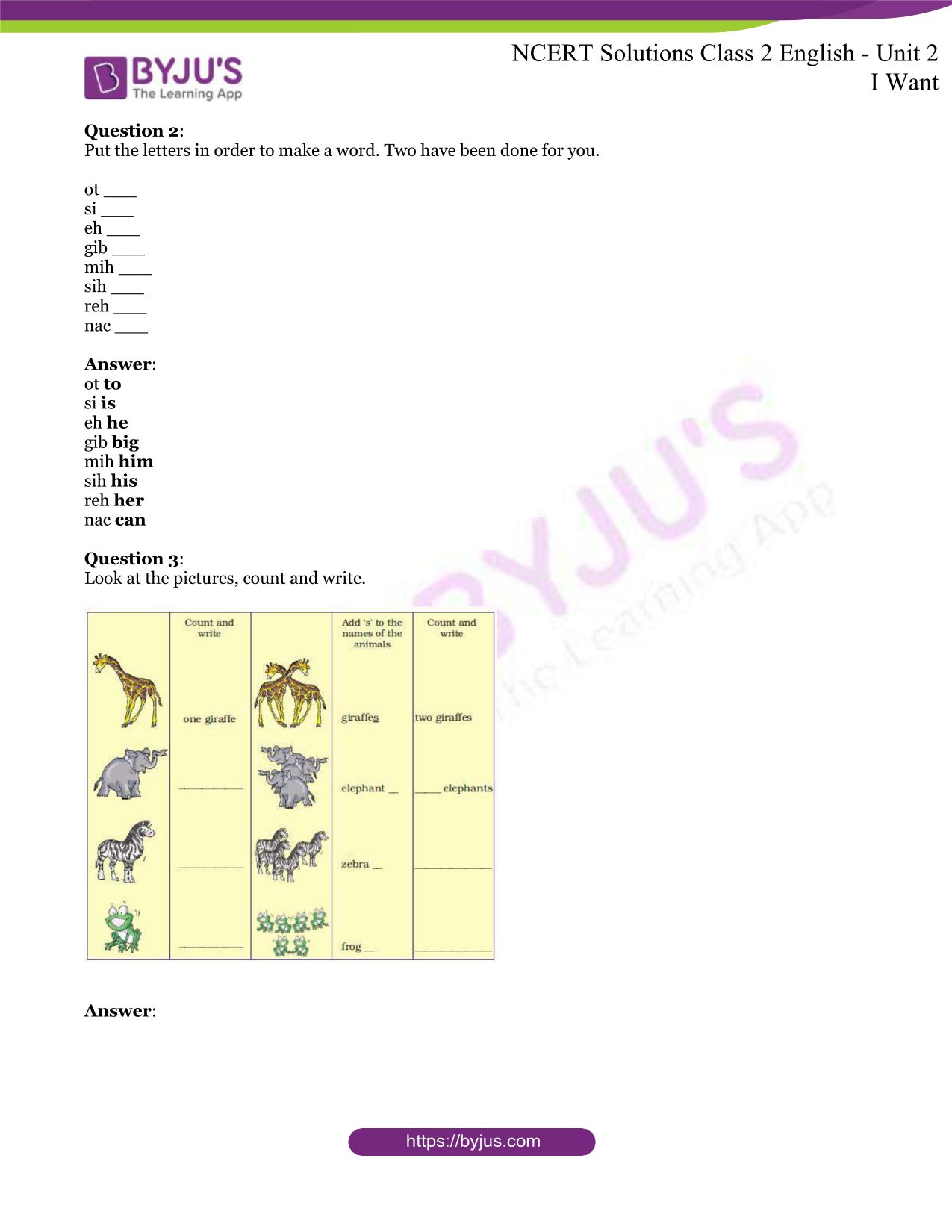 NCERT Solutions for Class 2 English Unit 2 I Want - Download Solutions PDF