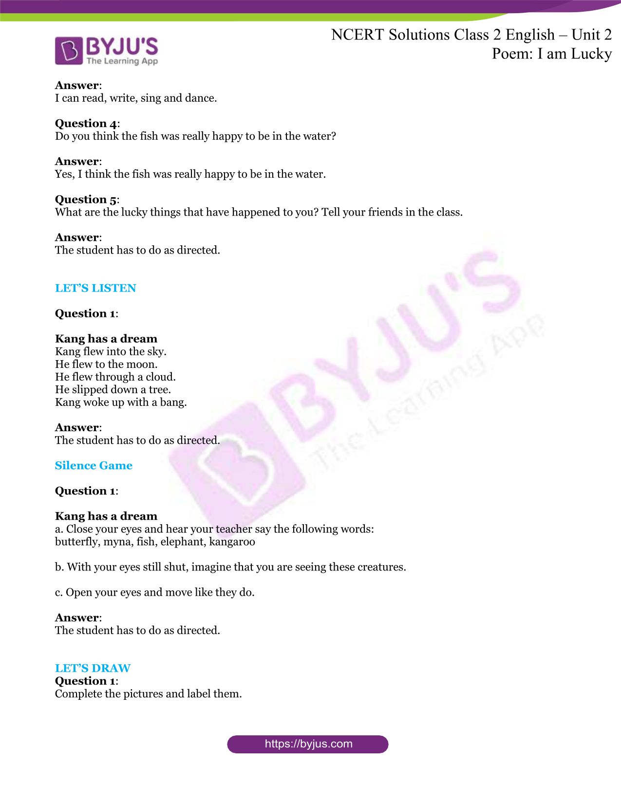 NCERT Solutions for Class 2 English Unit 2 Poem I Am Lucky - Solutions PDF