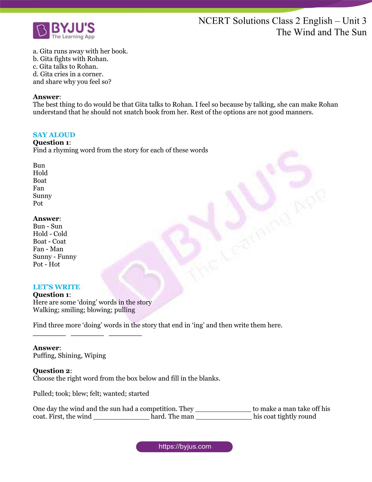 NCERT Solutions for Class 2 English Unit 3 The Wind And The Sun - PDF