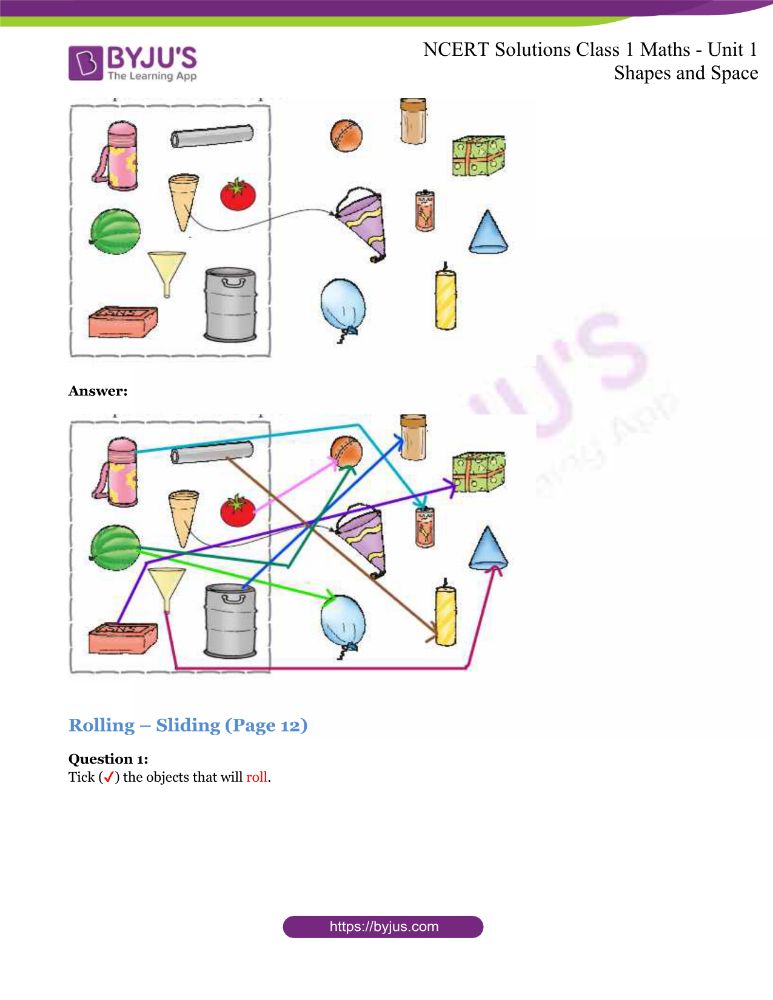 NCERT Solutions for Class 1 Maths Chapter 1 Shapes and Space PDF