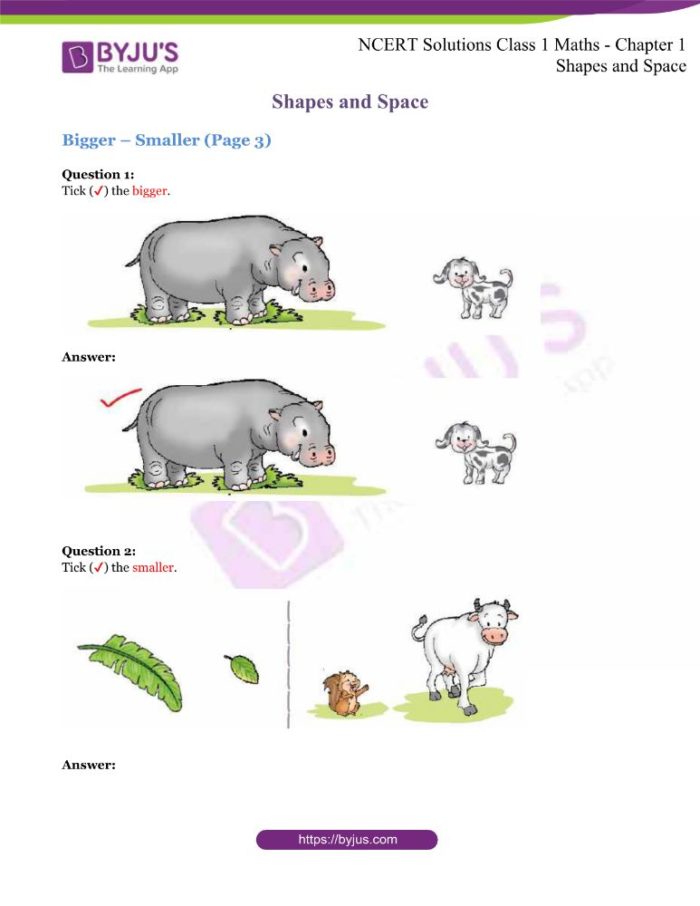 NCERT Solutions for Class 1 Maths Chapter 1 Shapes and Space PDF